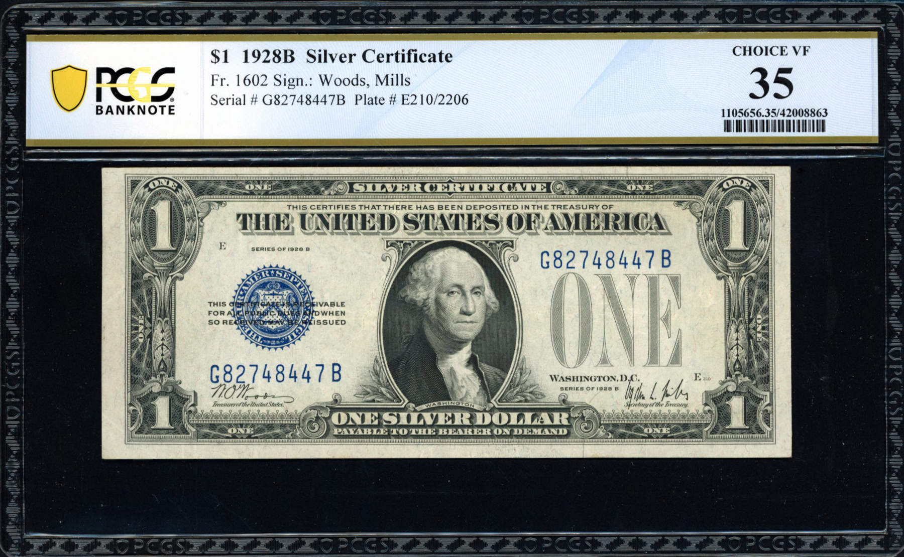 Fr. 1602 (GB Block) 1928B $1 Silver Certificate Note Woods / Mills PCGS ...