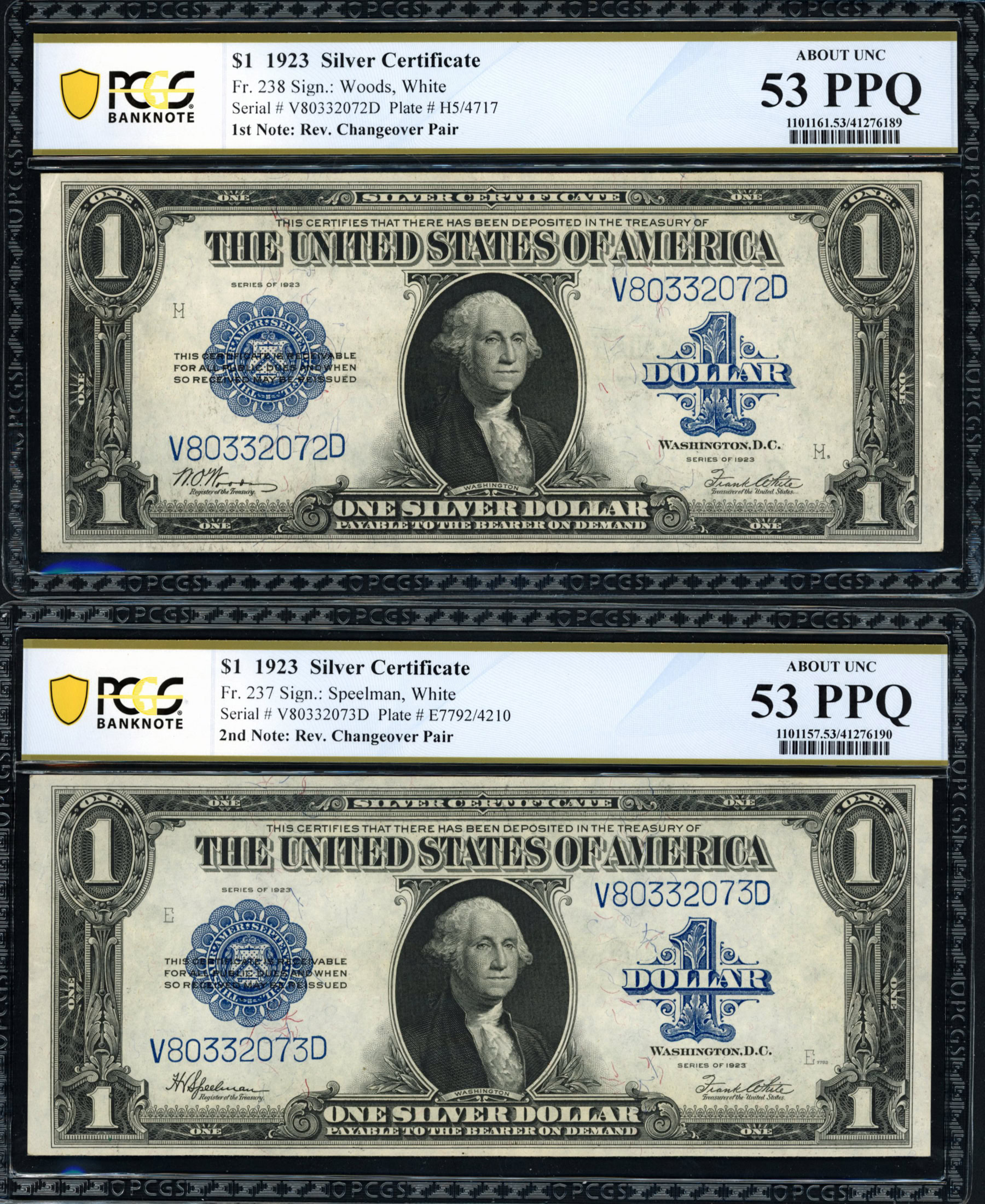 Fr. 237 1923 $1 Silver Certificate Notes Changeover Pair and Sequential ...