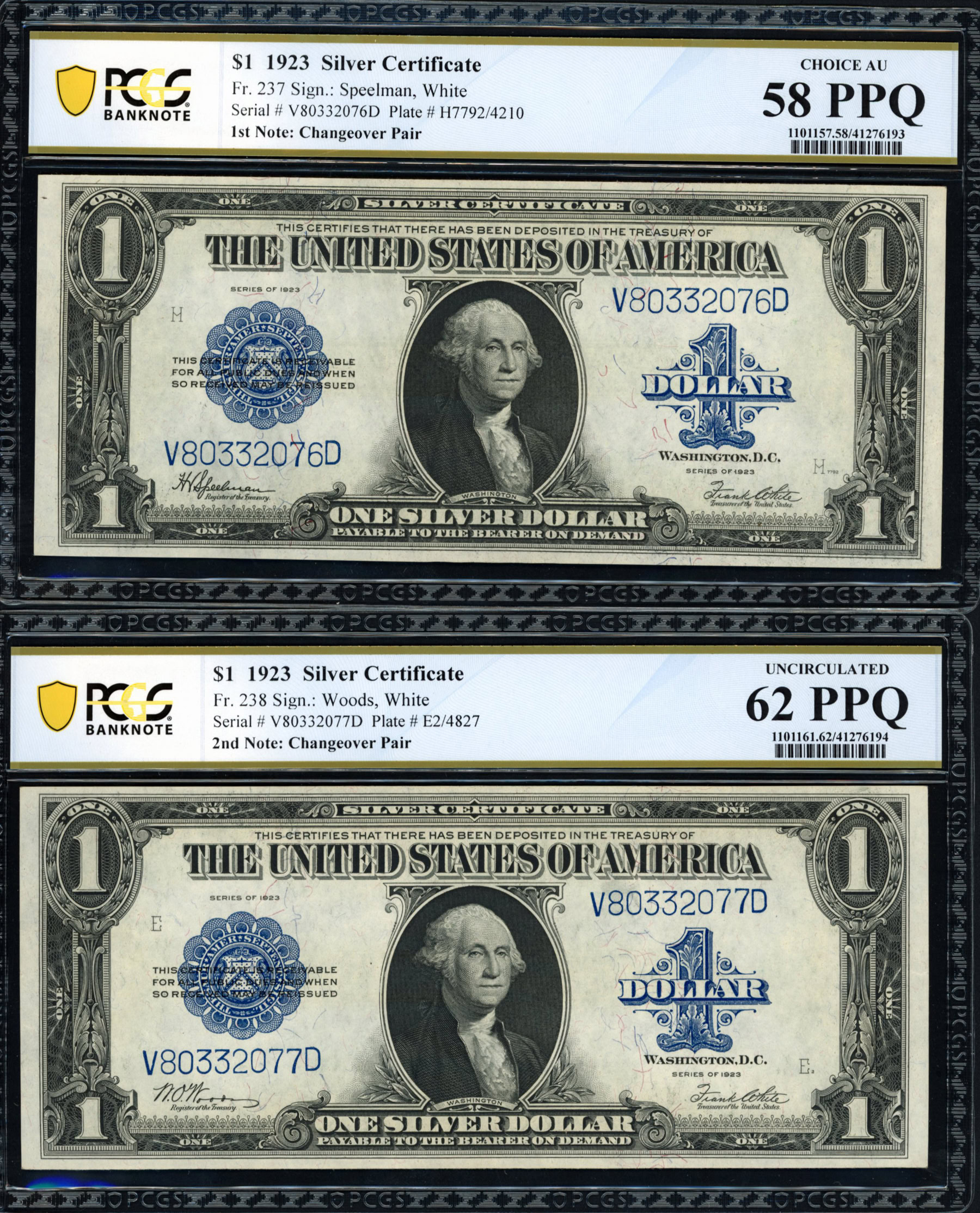 Fr. 237 1923 $1 Silver Certificate Notes Changeover Pair and Sequential ...