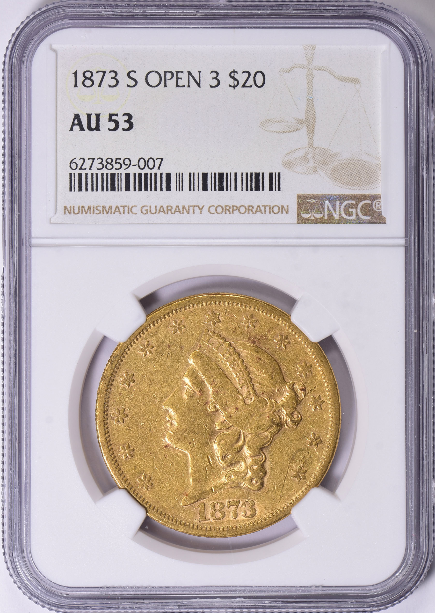 1873-S Liberty Gold Double Eagle Open 3 NGC AU-53 (Item 1718693) | GreatCollections Coin Auctions