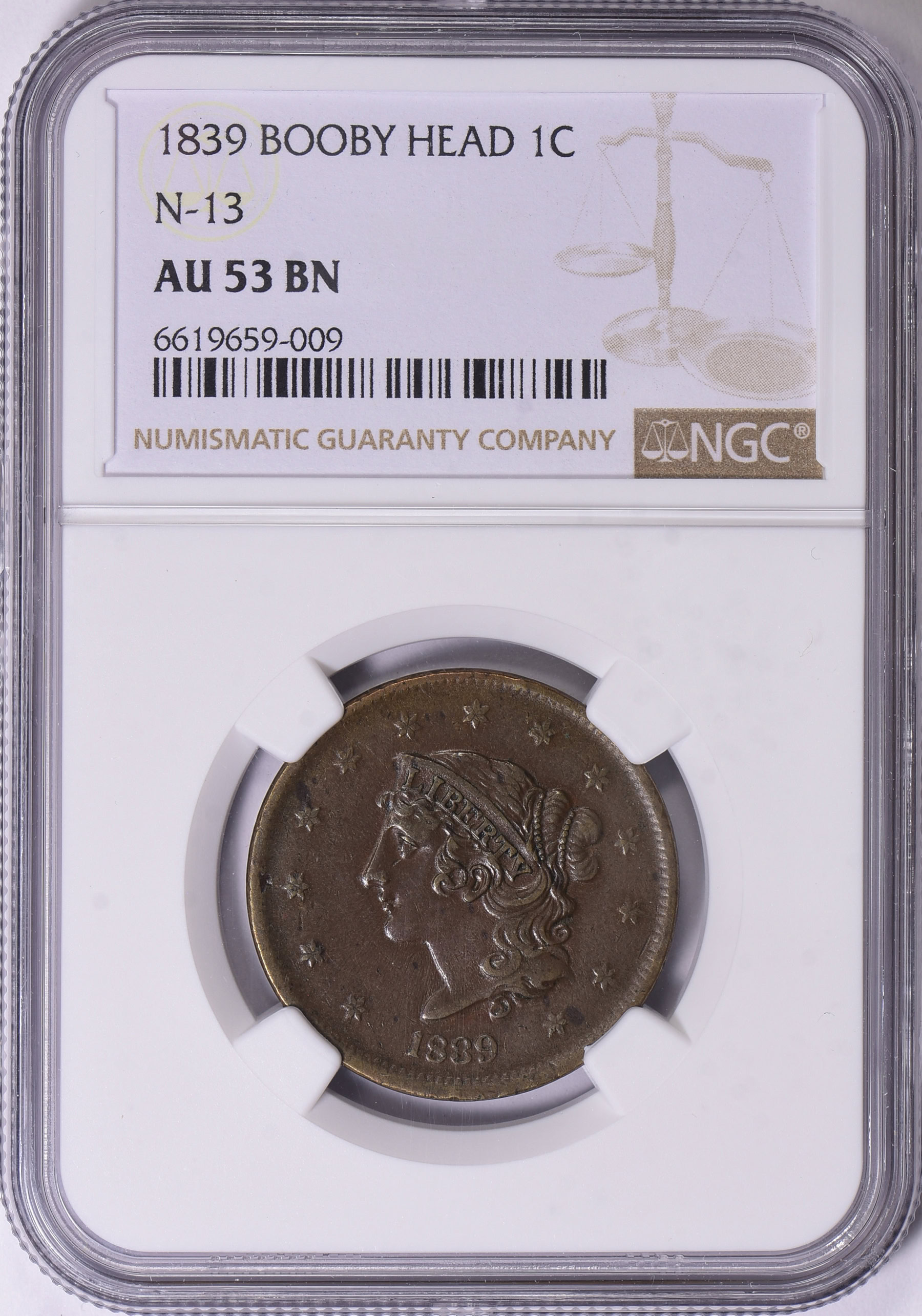 1839 Matron Cent Booby Head N-13 NGC AU-53 BN (Item 1718808) | GreatCollections Coin Auctions