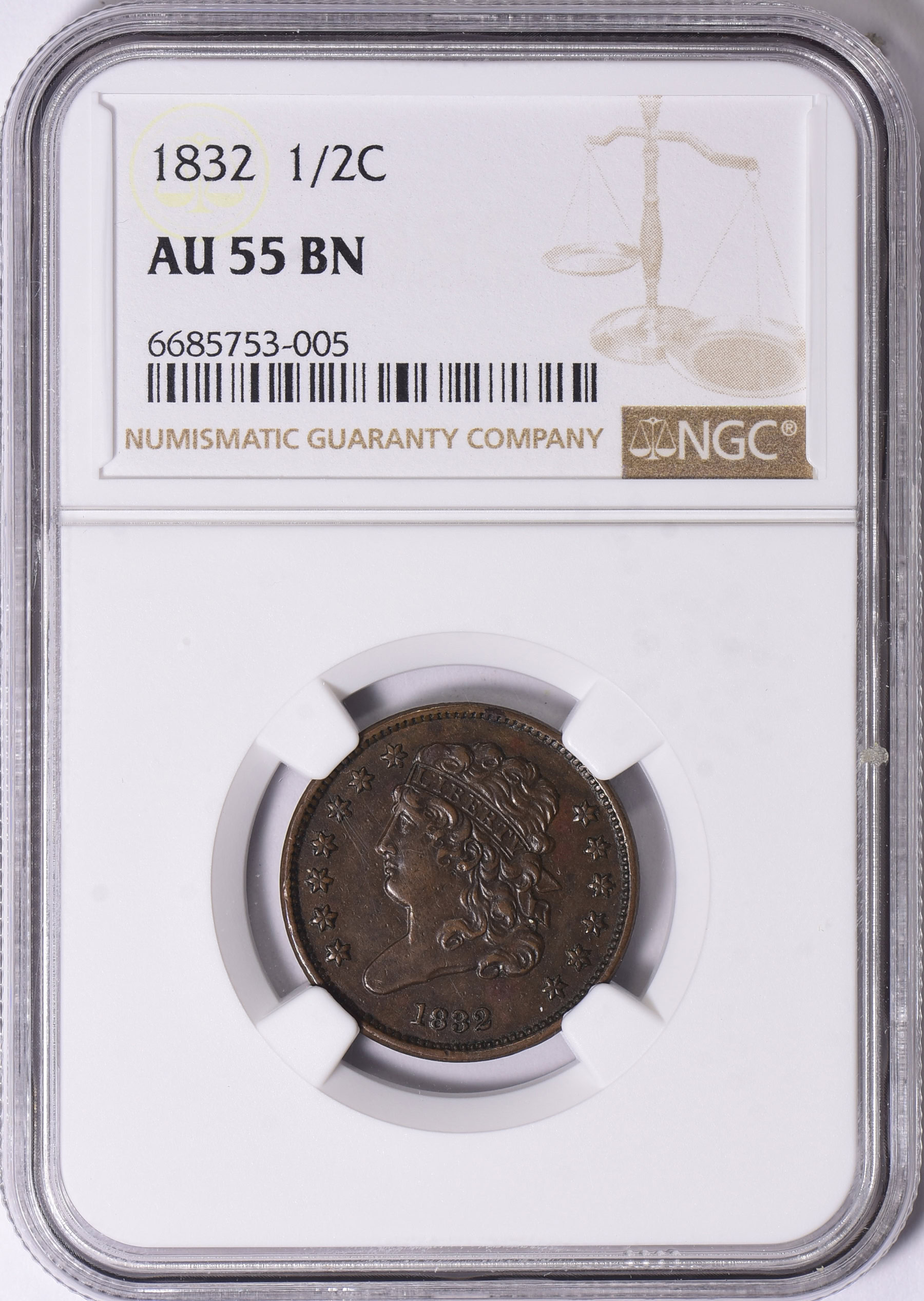 1832 Classic Half Cent NGC AU-55 BN (Item 1718810) | GreatCollections ...
