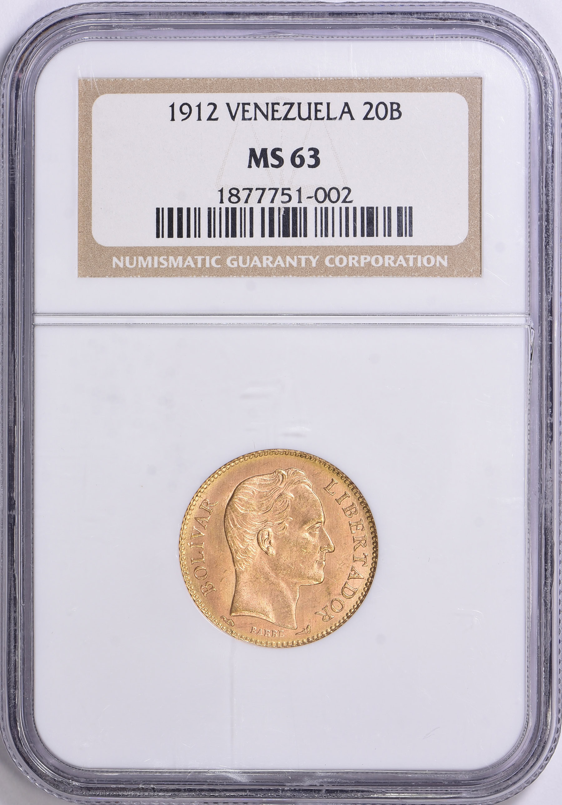 Venezuela 1912 Gold 20 Bolivares Y-32 NGC MS-63 (AGW = 0.1867 oz.) | NGC Cert #1877751-002 ...