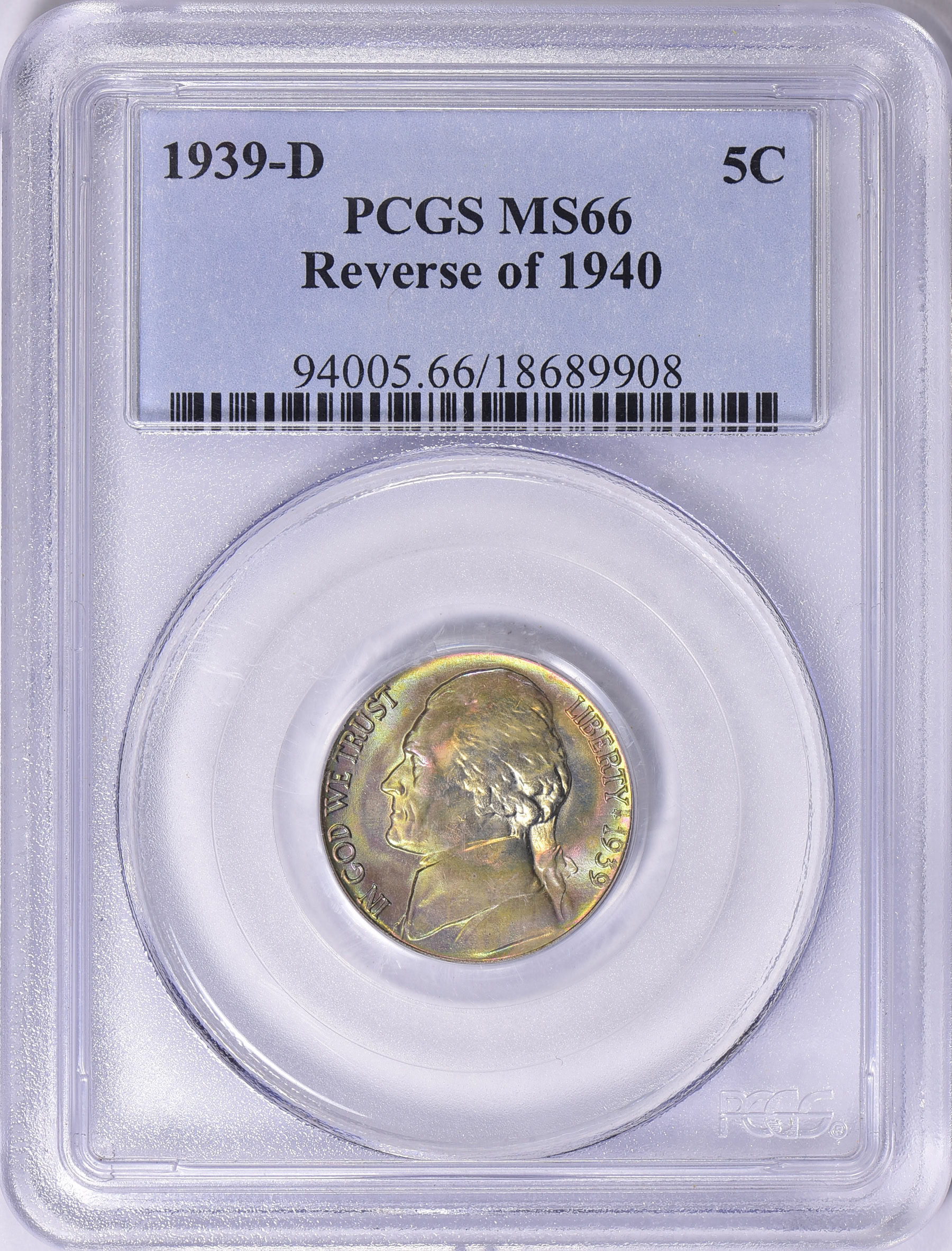 1939-D Jefferson Nickel Reverse of 1940 PCGS MS-66 (Toned) (Item 1718899) | GreatCollections ...