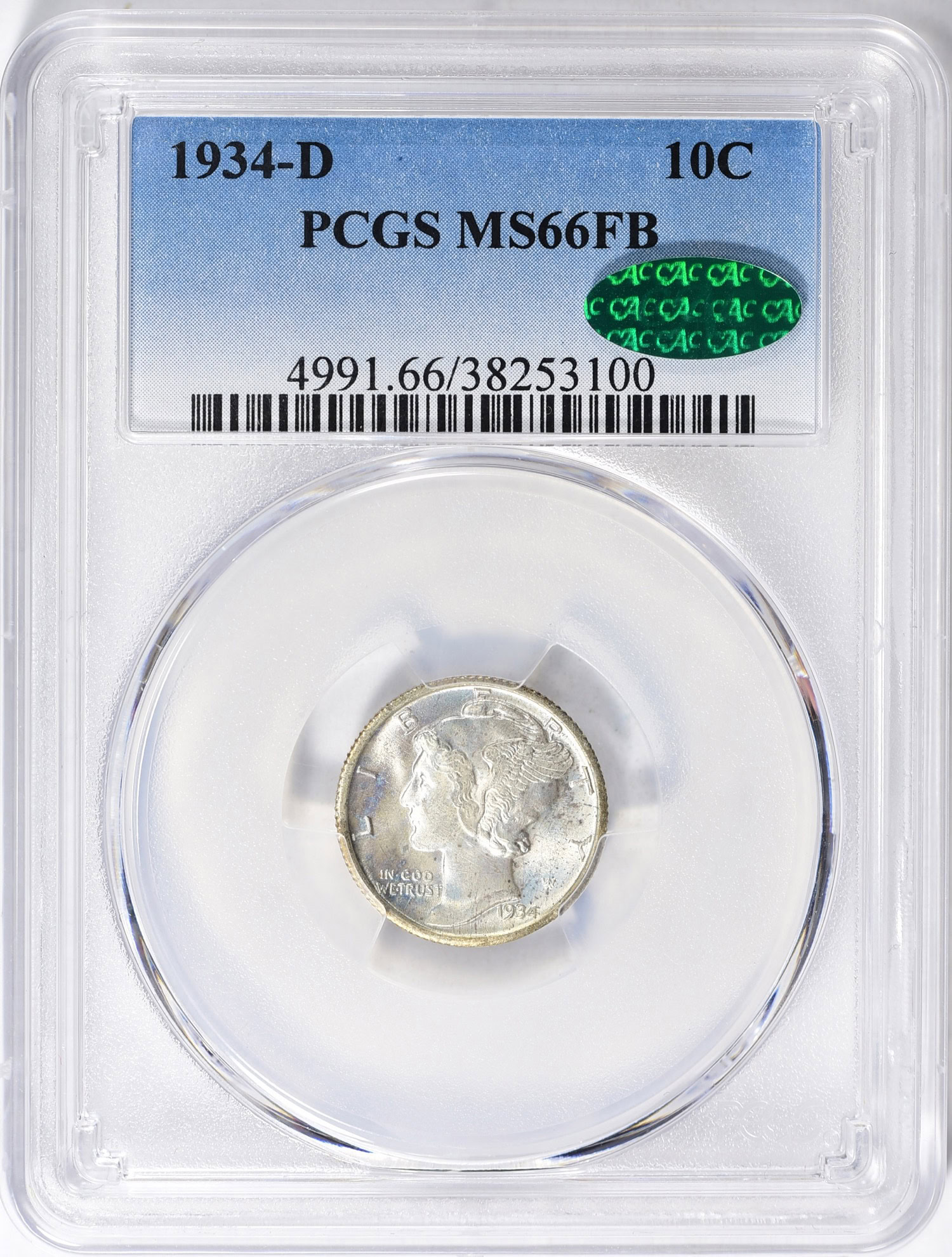 1934-D Mercury Dime PCGS MS-66 FB (CAC Green) (Item 1719062) | GreatCollections Coin Auctions