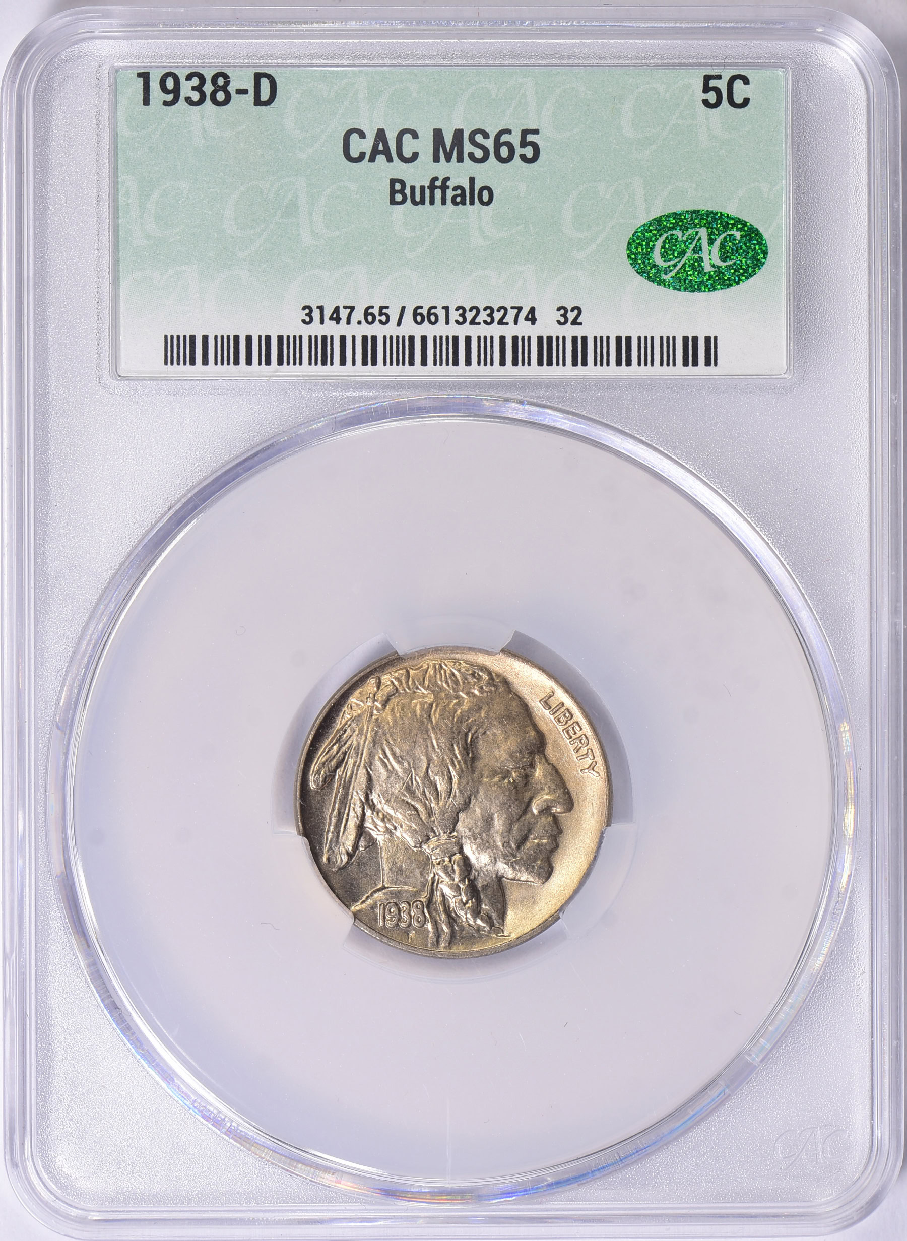 1938-D Buffalo Nickel CACG MS-65 (Item 1719156) | GreatCollections Coin Auctions