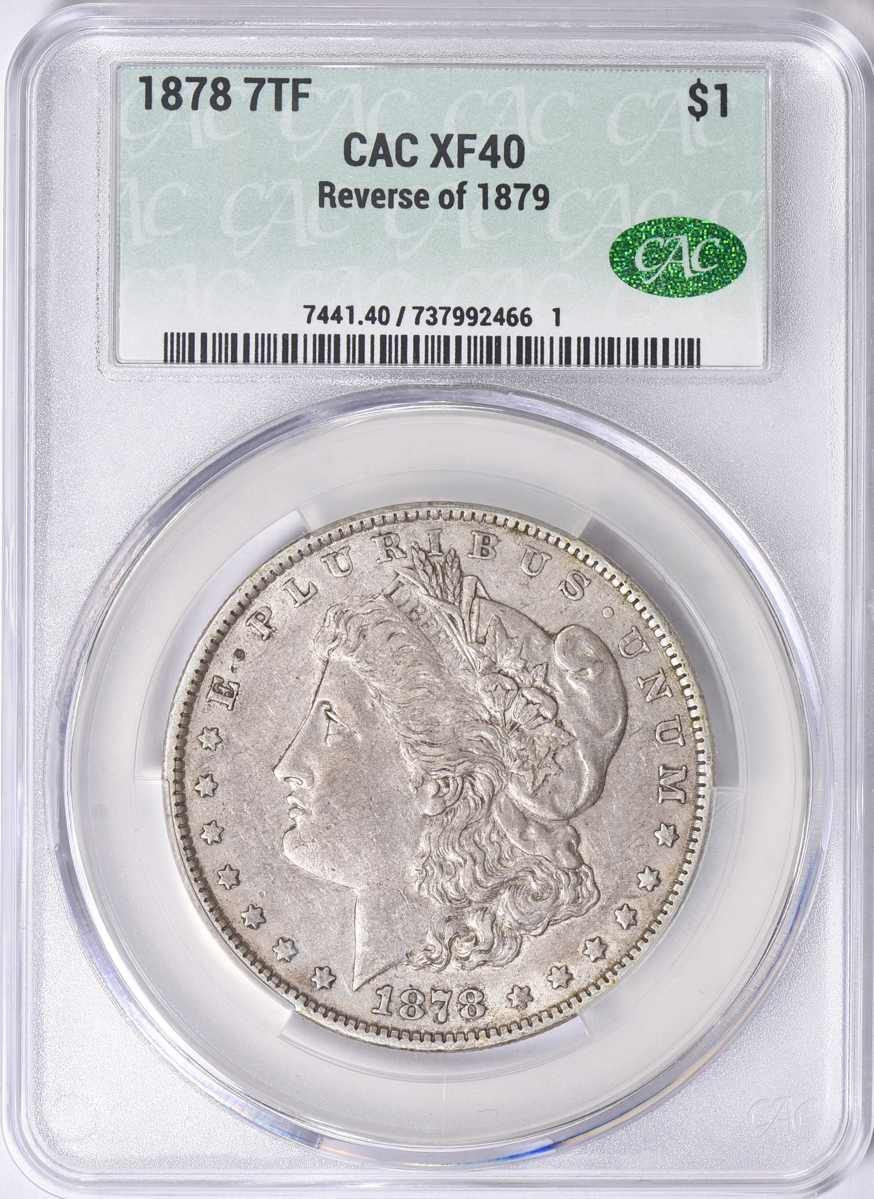 1878 Morgan Silver Dollar 7 Tailfeathers, Reverse of 1879 CACG XF-40 ...