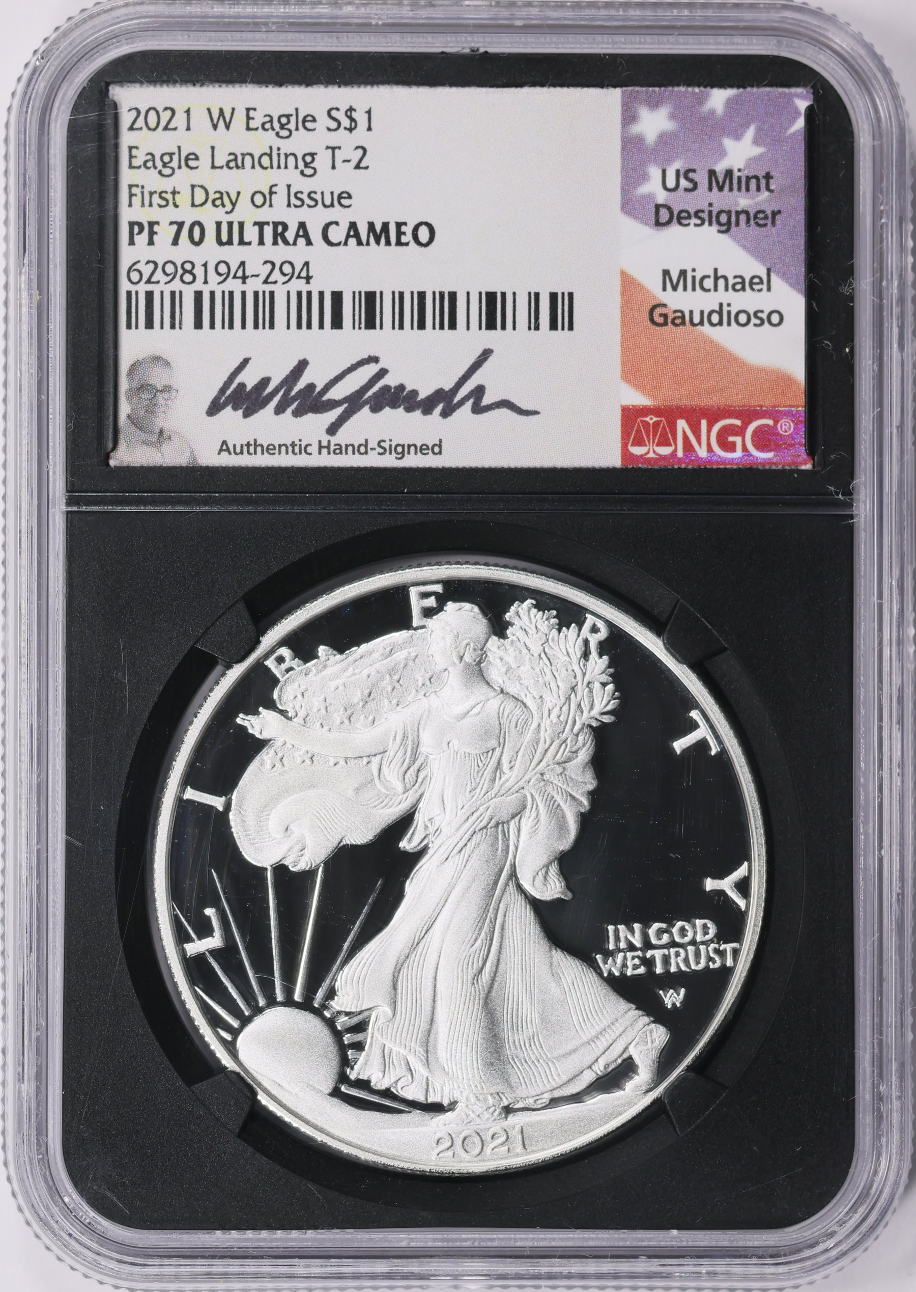 2021-W $1 Silver Eagle Type 2 First Day of Issue NGC Proof-70 UC (Michael Gaudioso Signed Label ...