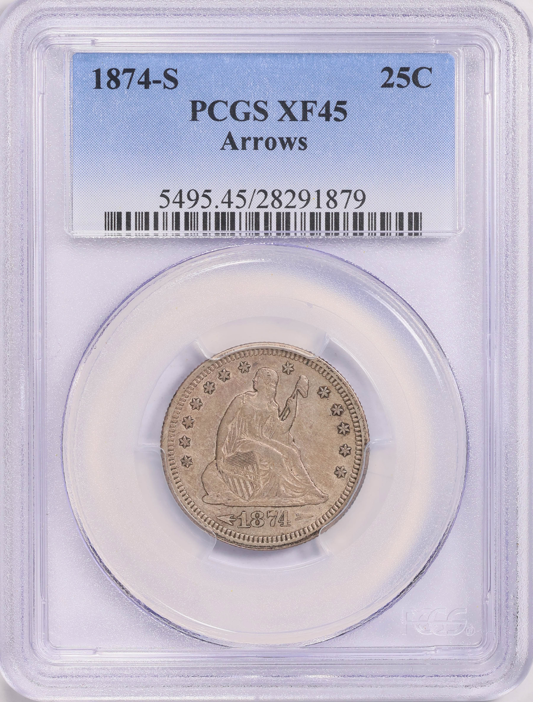 1874-S Seated Liberty Quarter Arrows PCGS XF-45 (Item 1719517) | GreatCollections Coin Auctions