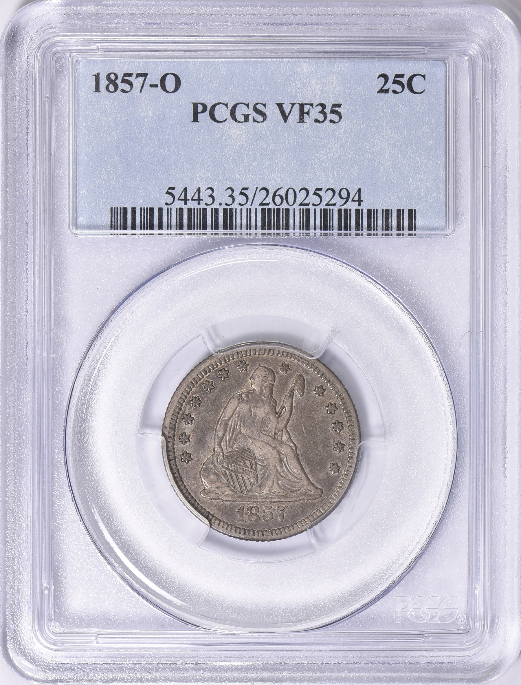 1857-O Seated Liberty Quarter PCGS VF-35 (Item 1719524) | GreatCollections Coin Auctions