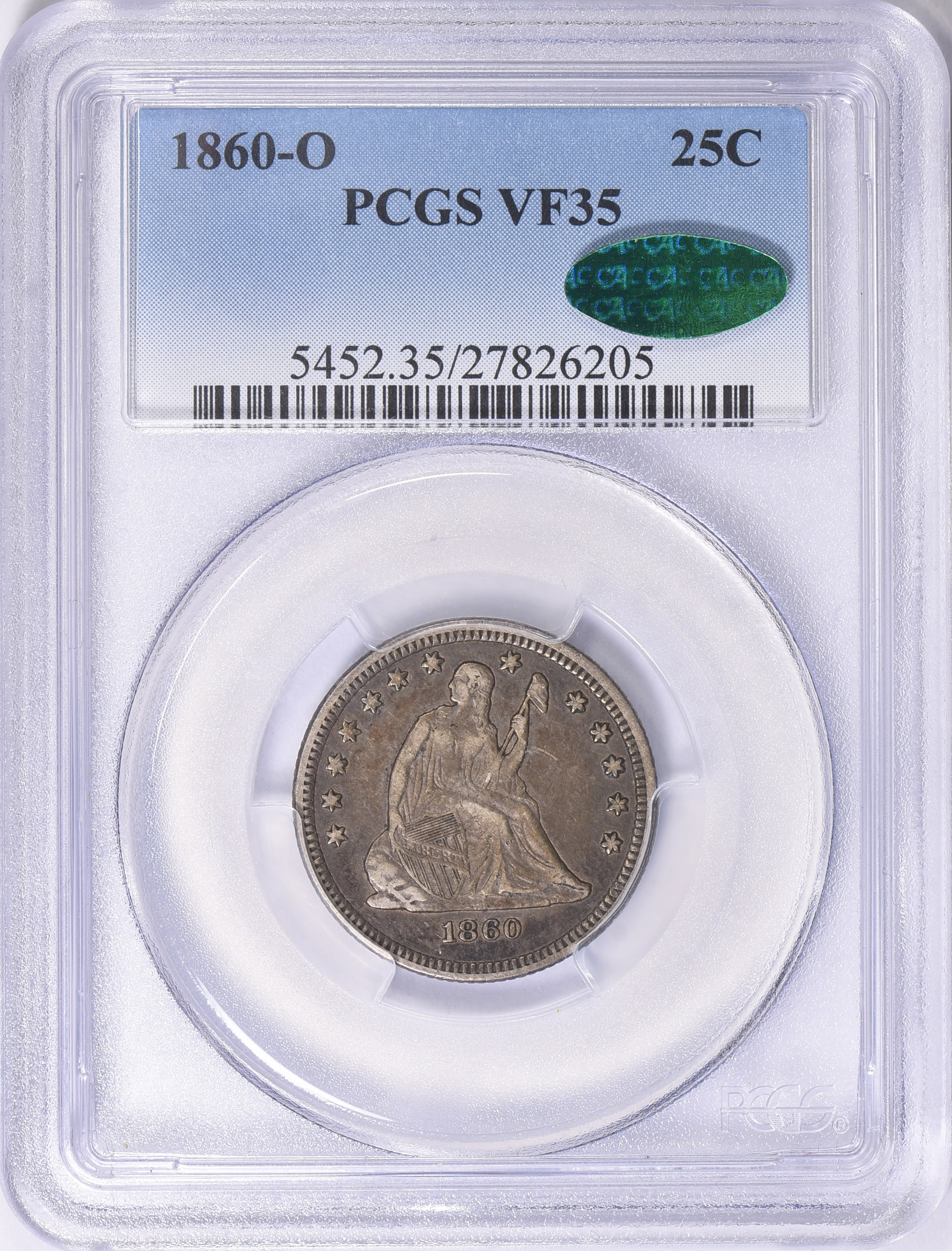 1860-O Seated Liberty Quarter PCGS VF-35 (CAC Green) (Item 1719527) | GreatCollections Coin Auctions
