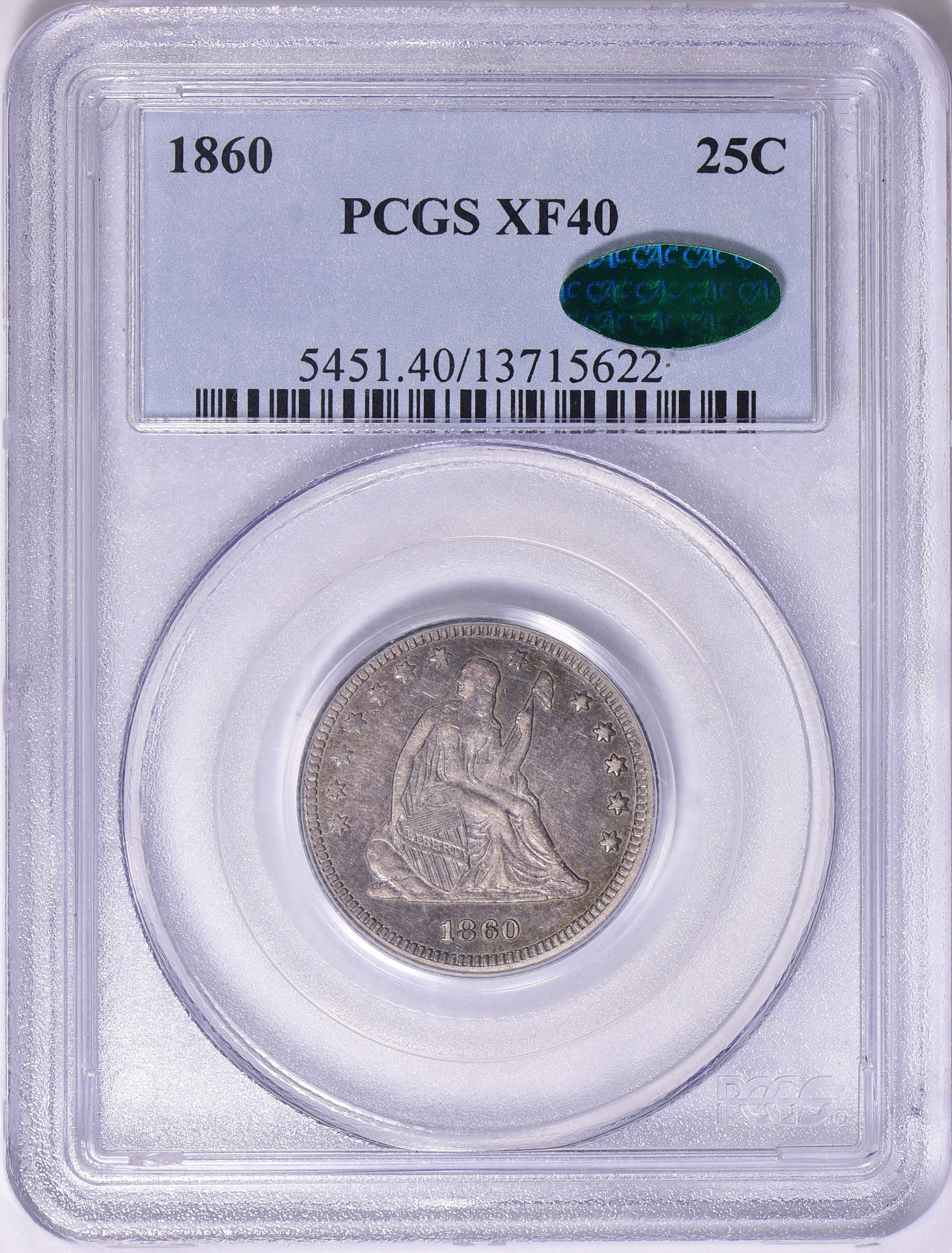 1860 Seated Liberty Quarter PCGS XF-40 (CAC Green) (Toned) (Item 1719530) | GreatCollections ...