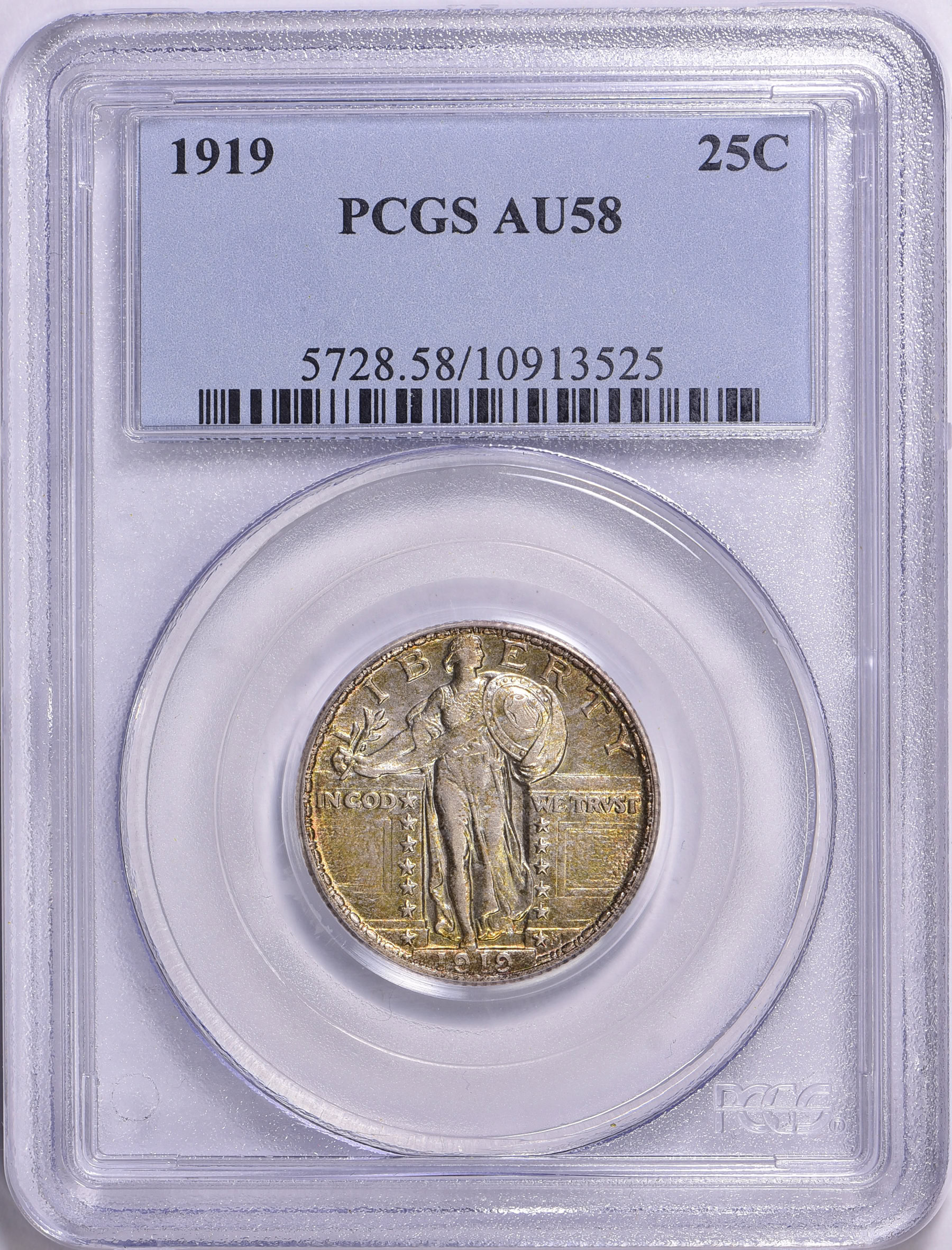 1919 Standing Liberty Quarter PCGS AU-58 (Toned) (Item 1719565) | GreatCollections Coin Auctions