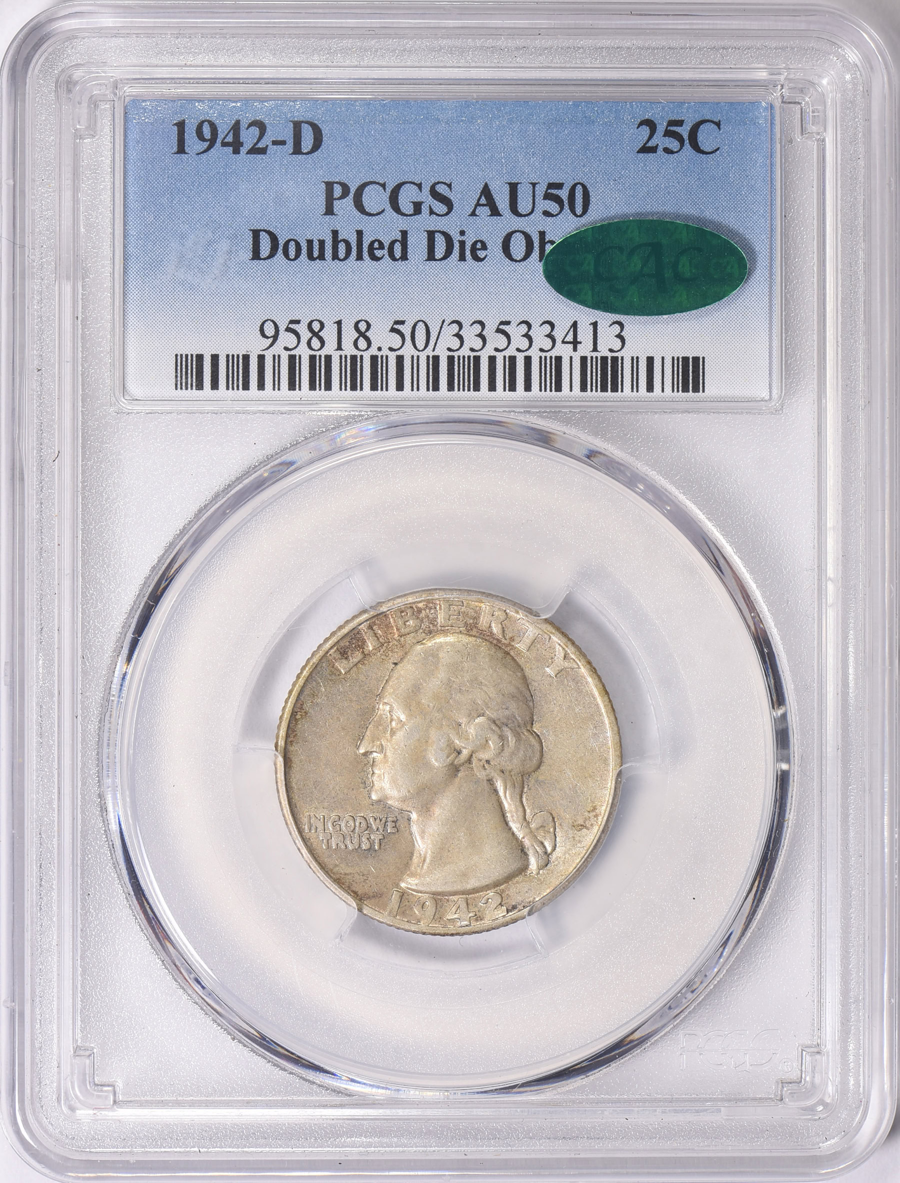 1942-D Washington Quarter Doubled Die Obverse PCGS AU-50 (CAC Green) (Toned) (Item 1719578 ...