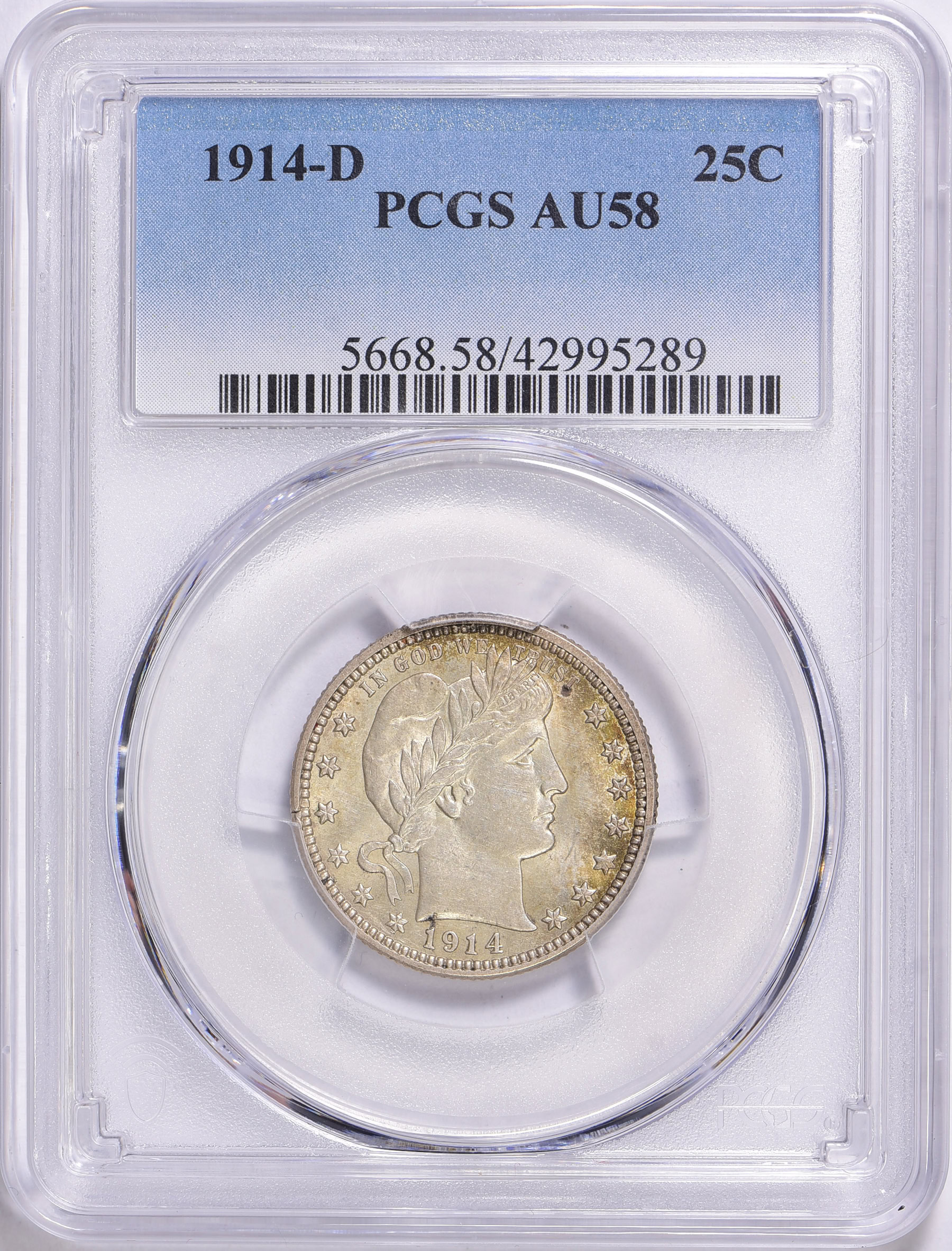 1914-D Barber Quarter PCGS AU-58 (Toned) (Item 1719629) | GreatCollections Coin Auctions