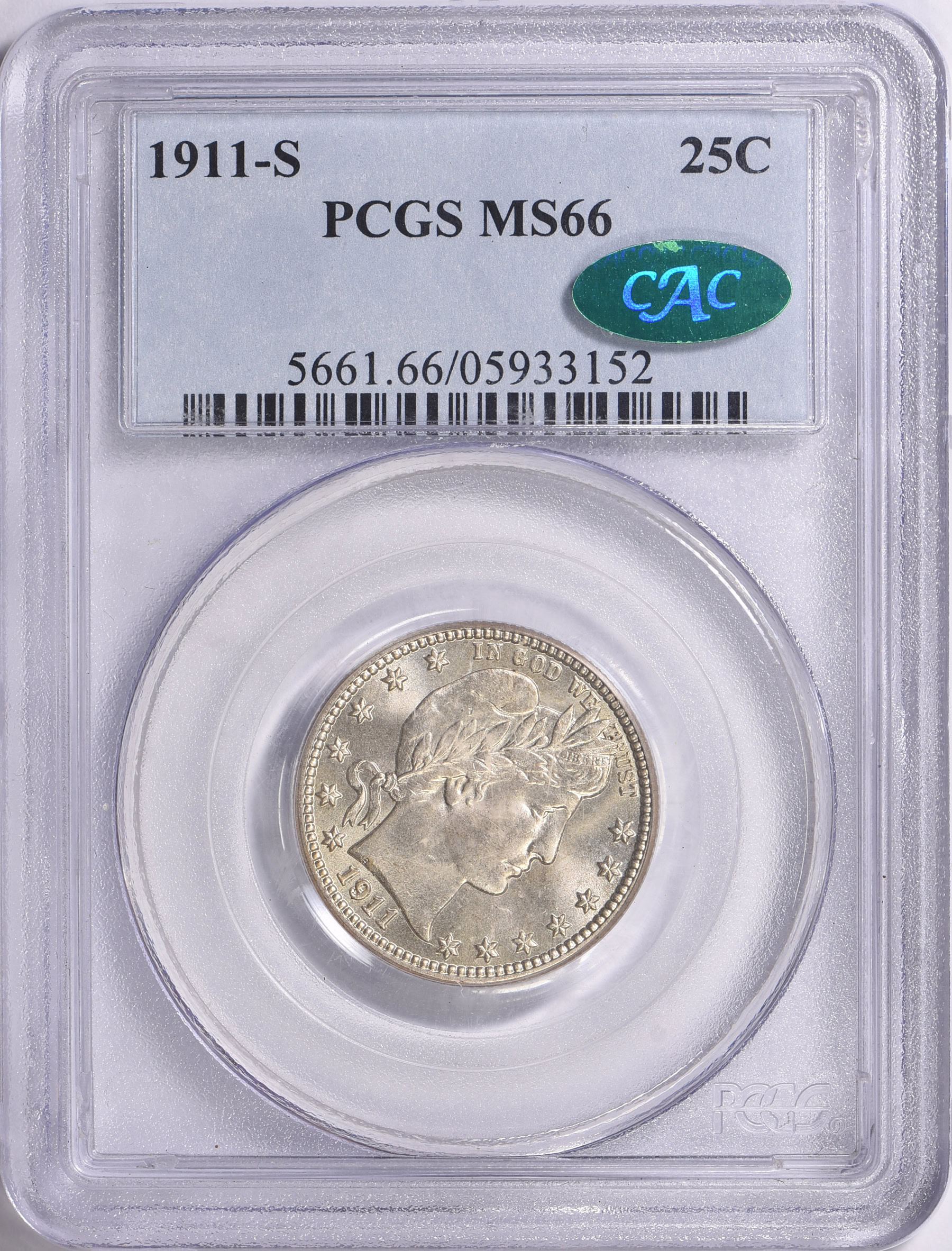 1911-S Barber Quarter PCGS MS-66 (CAC Green) (Item 1719630) | GreatCollections Coin Auctions