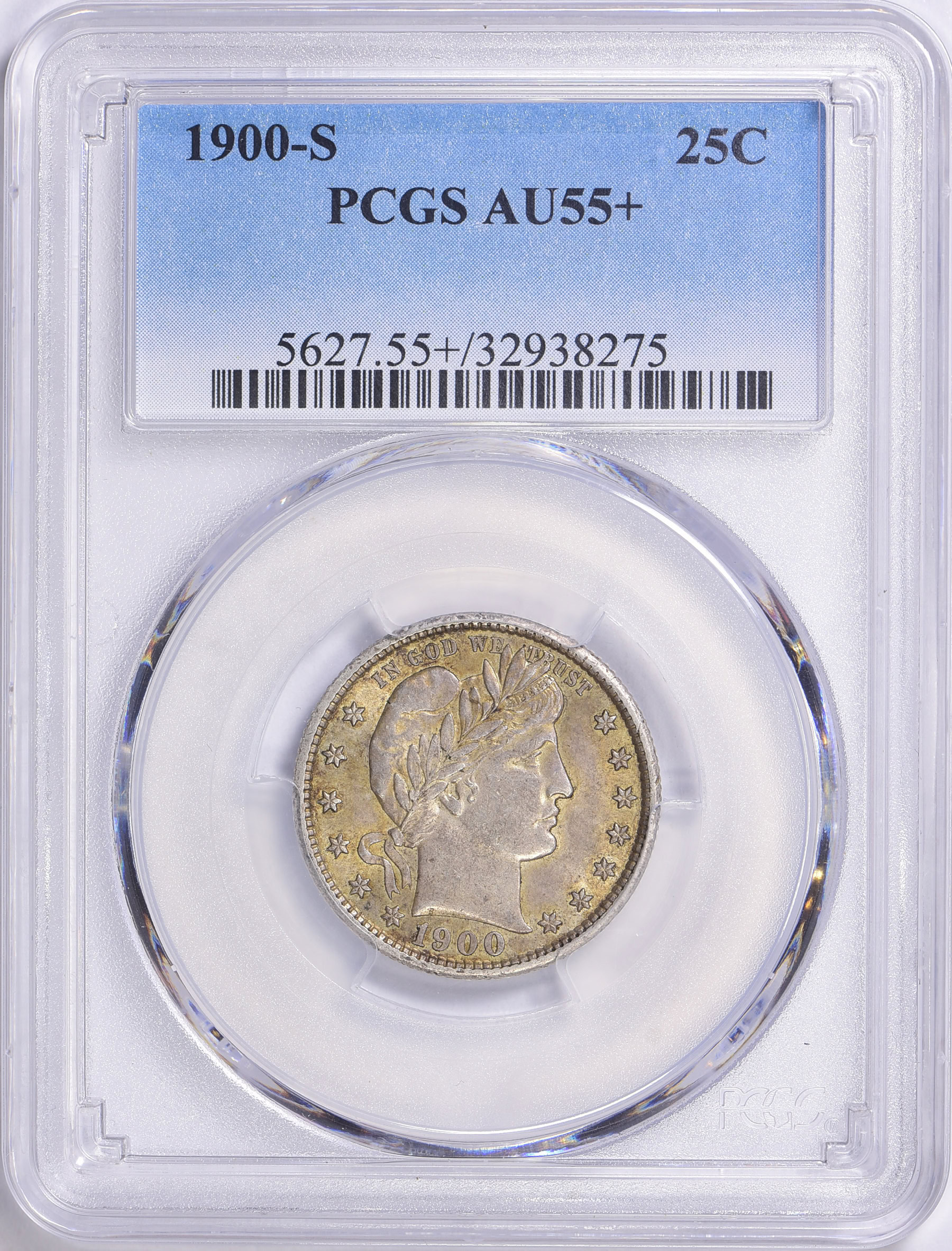 1900-S Barber Quarter PCGS AU-55+ (Toned) (Item 1719634) | GreatCollections Coin Auctions