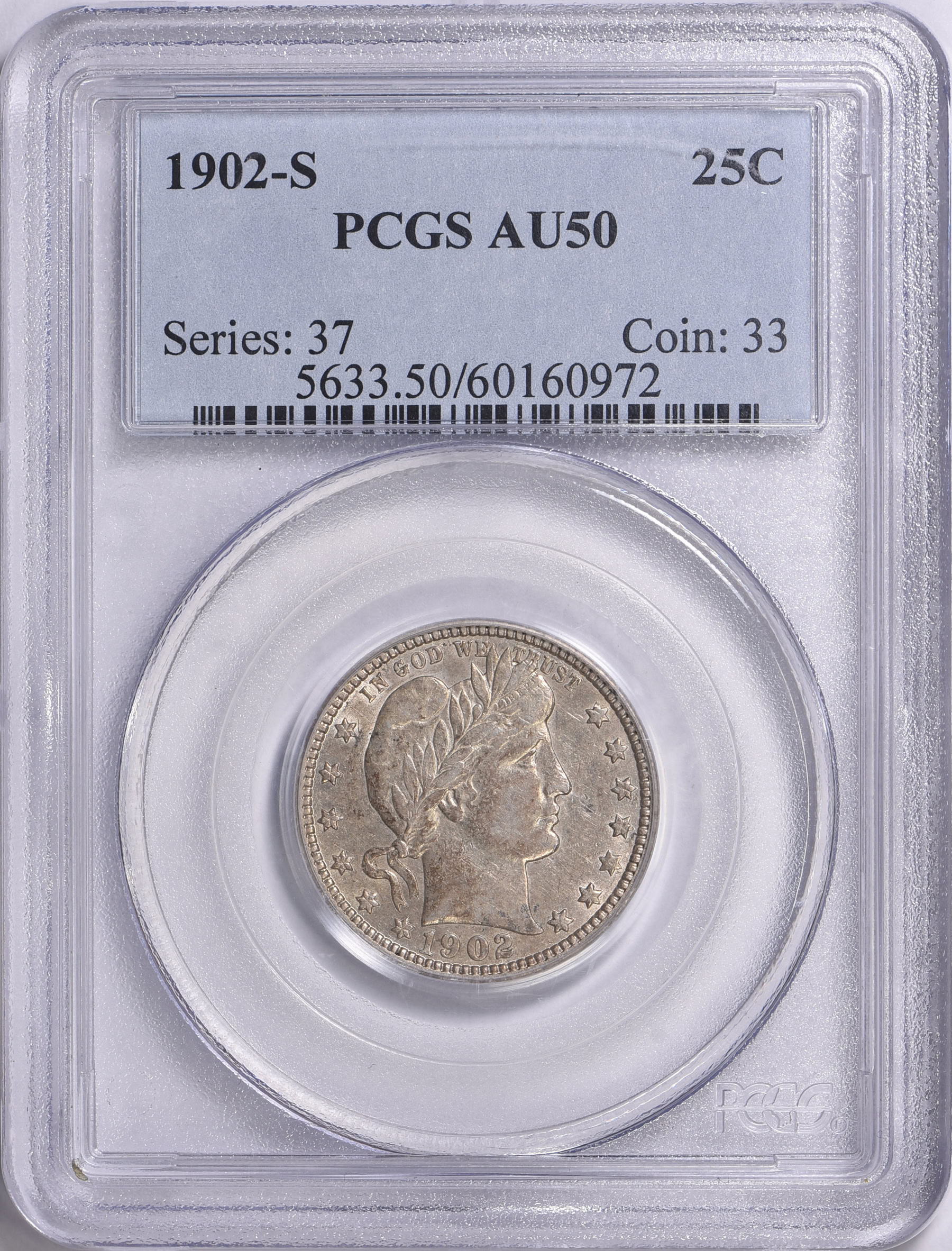 1902-S Barber Quarter PCGS AU-50 (Item 1719654) | GreatCollections Coin ...