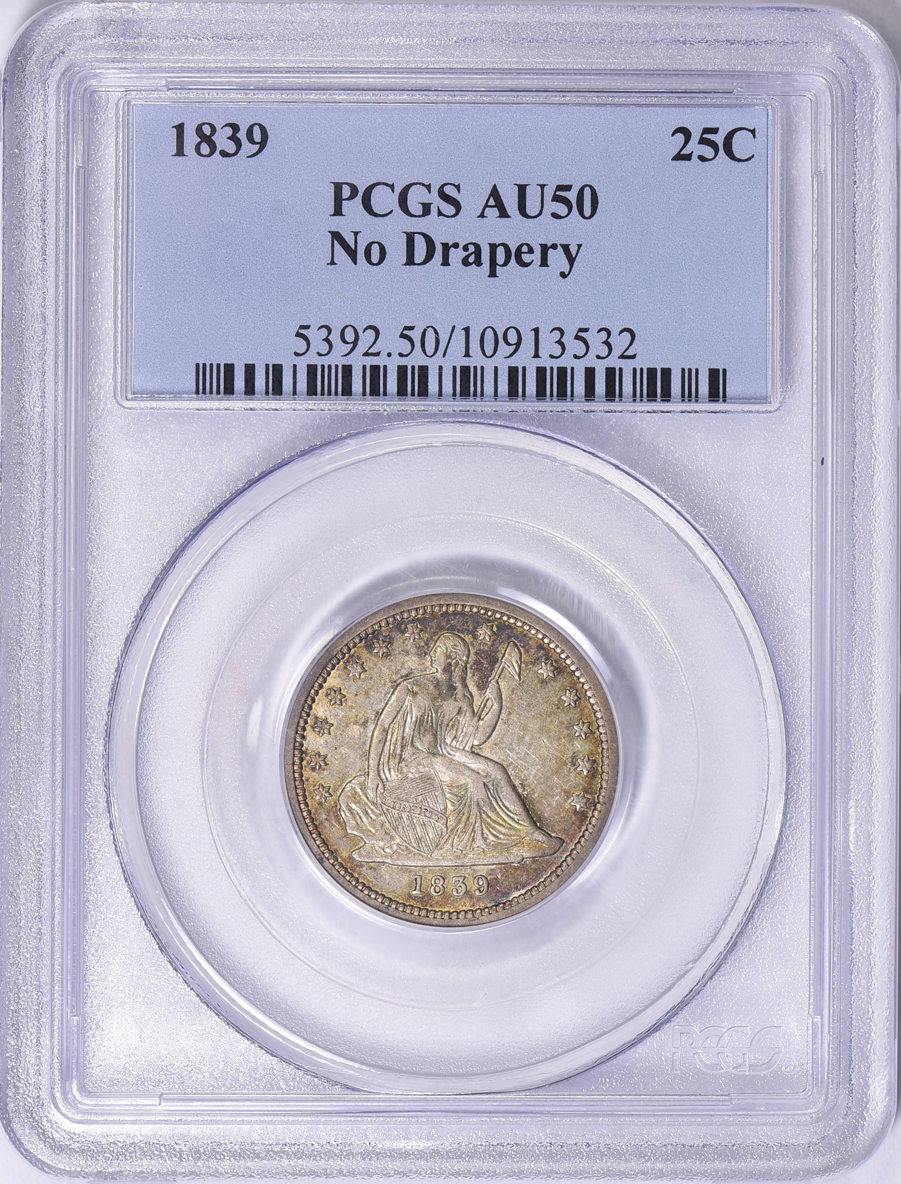 1839 Seated Liberty Quarter No Drapery PCGS AU-50 (Toned) (Item 1719735) | GreatCollections Coin ...