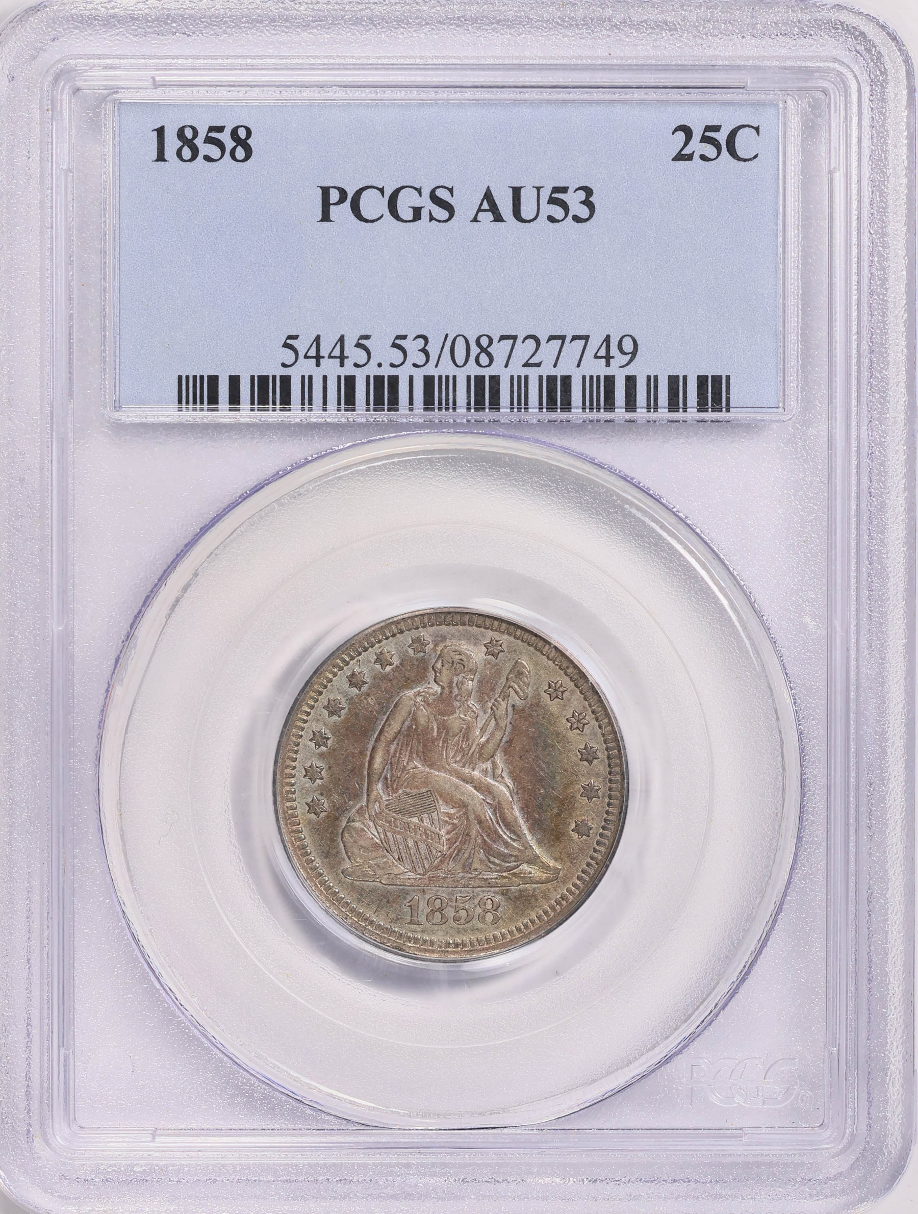 1858 Seated Liberty Quarter PCGS AU-53 (Toned) (Item 1719736) | GreatCollections Coin Auctions