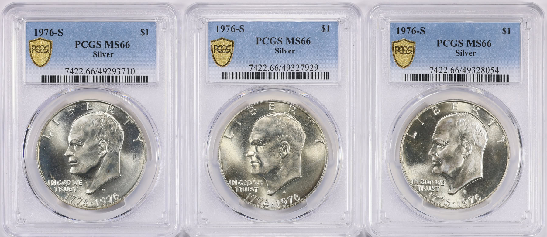 1976-S Eisenhower Dollar Silver PCGS MS-66 (3 Coins) (Item 1720100) | GreatCollections Coin Auctions