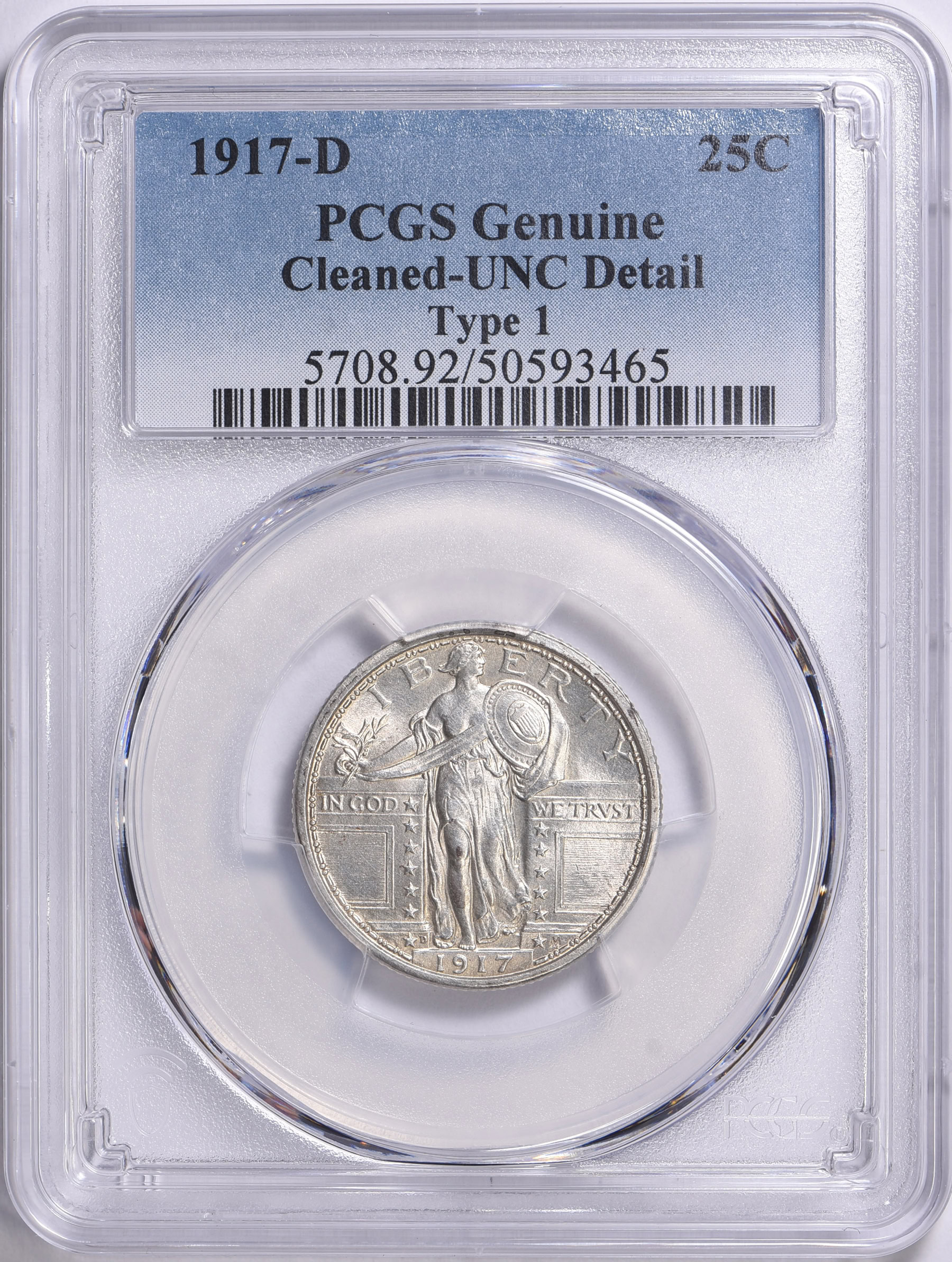 1917-D Standing Liberty Quarter Type 1 PCGS Genuine Unc Details (Item ...