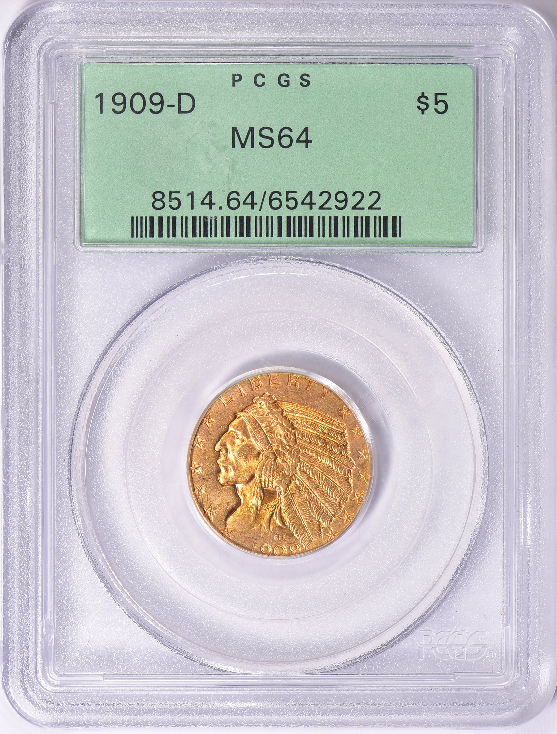 1909-D Indian Gold Half Eagle PCGS MS-64 OGH (Item 1720418) | GreatCollections Coin Auctions