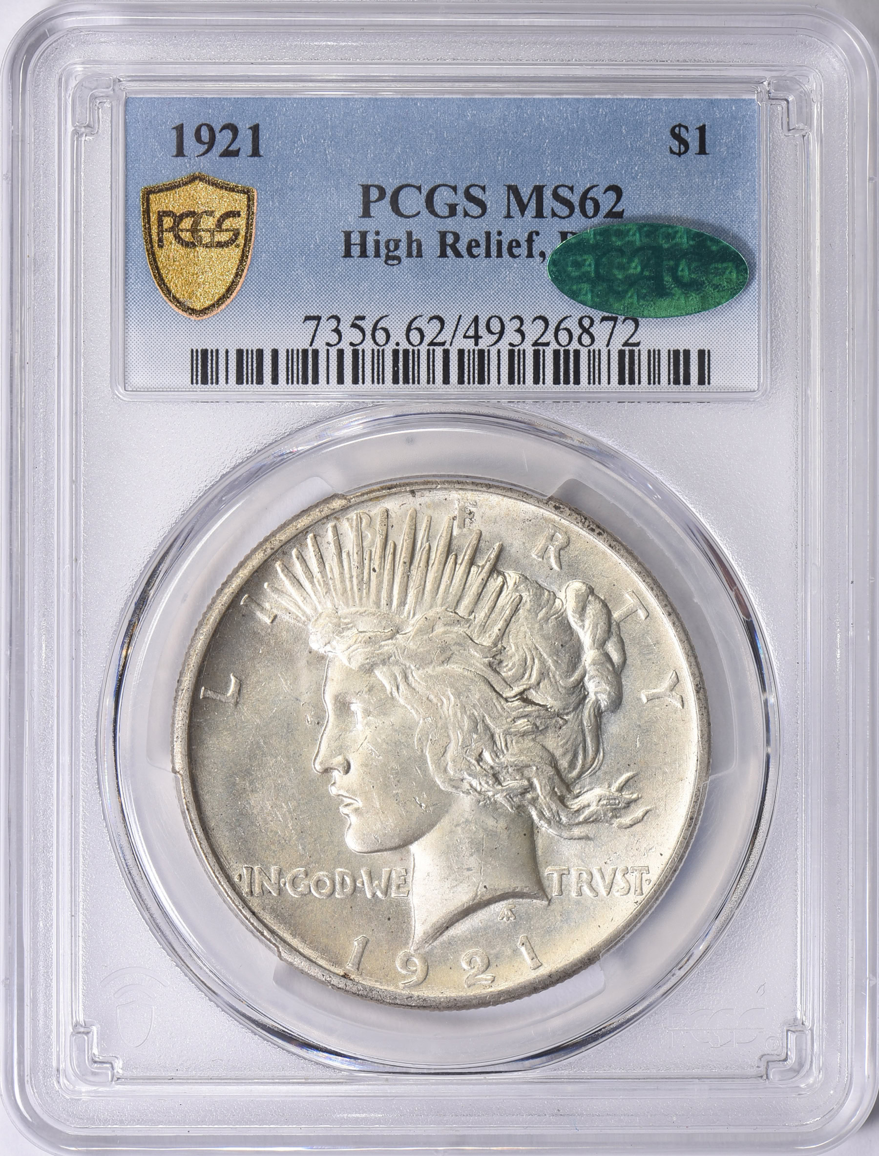 1921 Peace Silver Dollar High Relief PCGS MS-62 (CAC Green) (Item 1720469) | GreatCollections ...