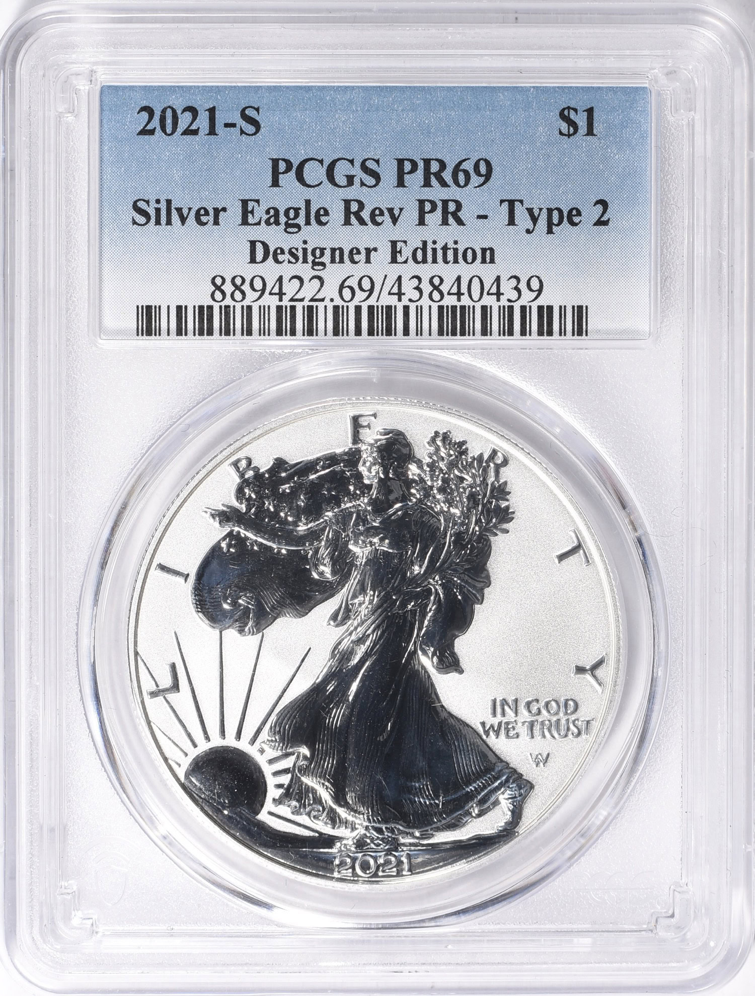 2021-S $1 Silver Eagle Reverse Proof Type 2 Designer Edition PCGS Proof-69 (Item 1720485 ...