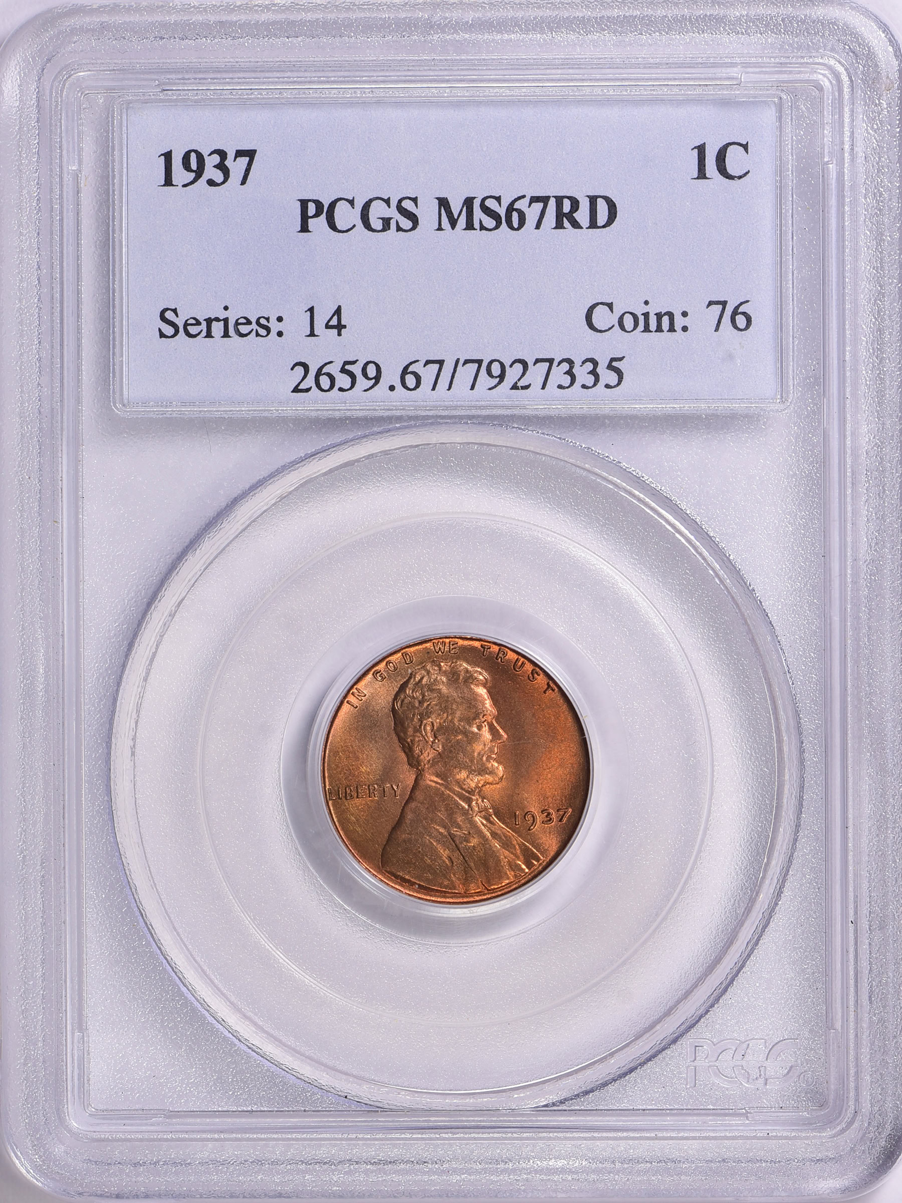 1937 Lincoln Cent PCGS MS-67 RD (Item 1720558) | GreatCollections Coin Auctions