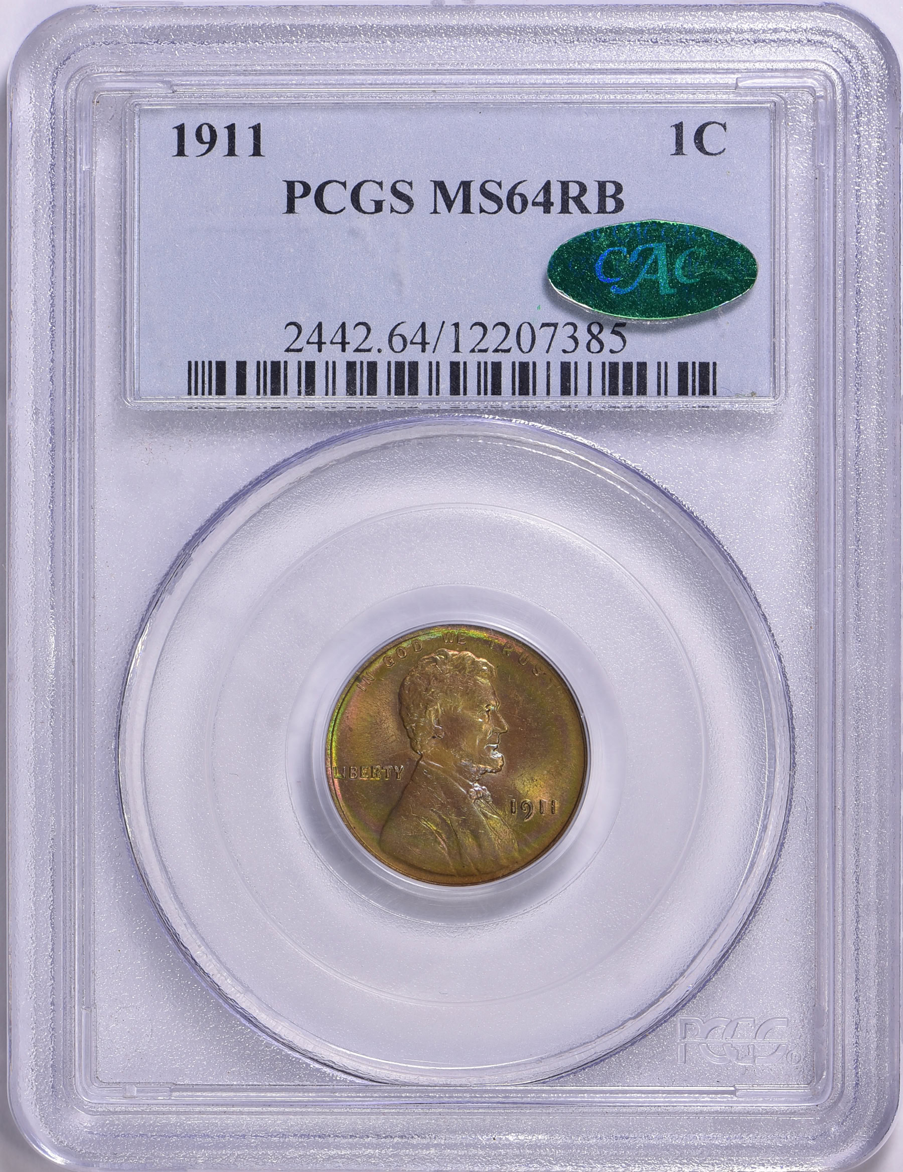 1911 Lincoln Cent PCGS MS-64 RB (CAC Green) (Toned) (Item 1720604) | GreatCollections Coin Auctions