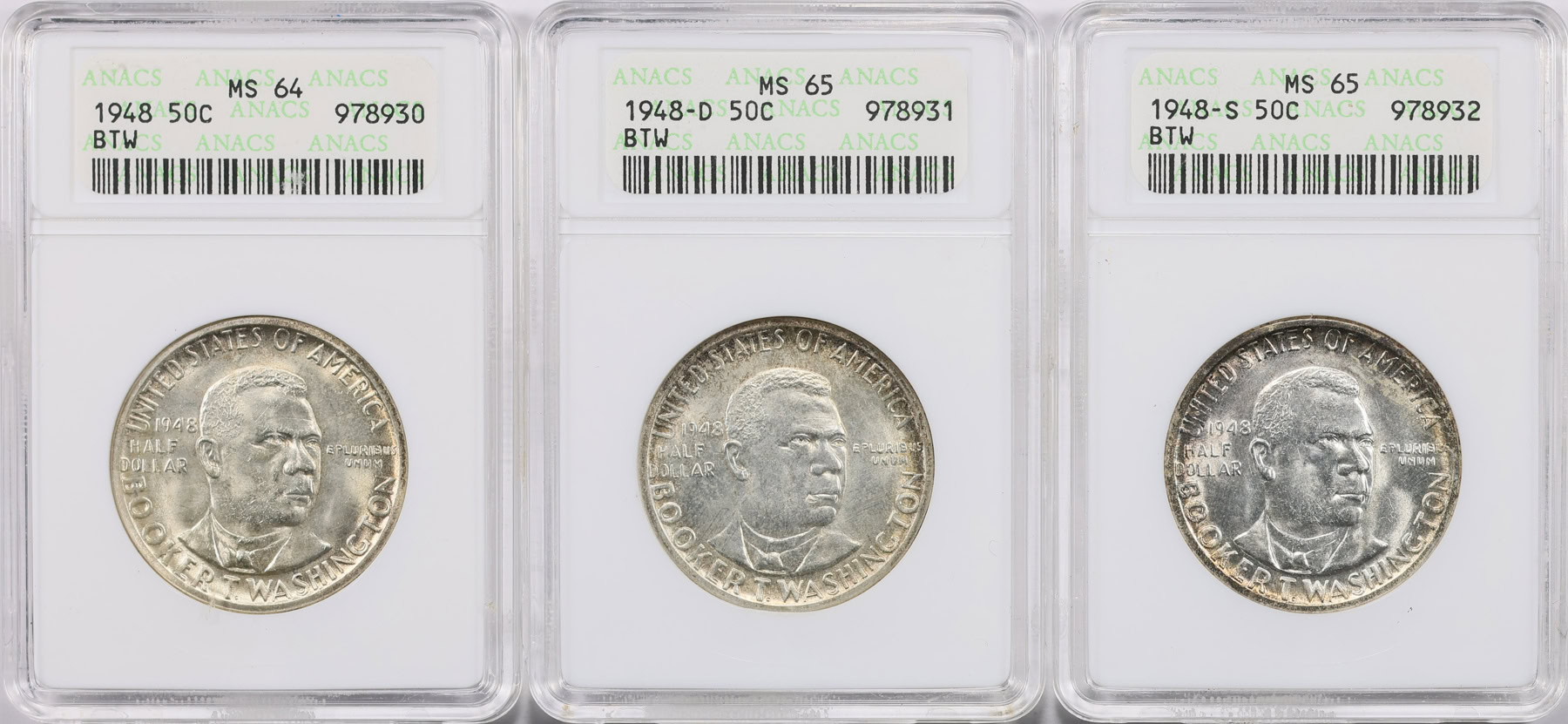 1948-P/D/S Set Booker T. Washington Memorial Half Dollar ANACS MS-64/65 ...