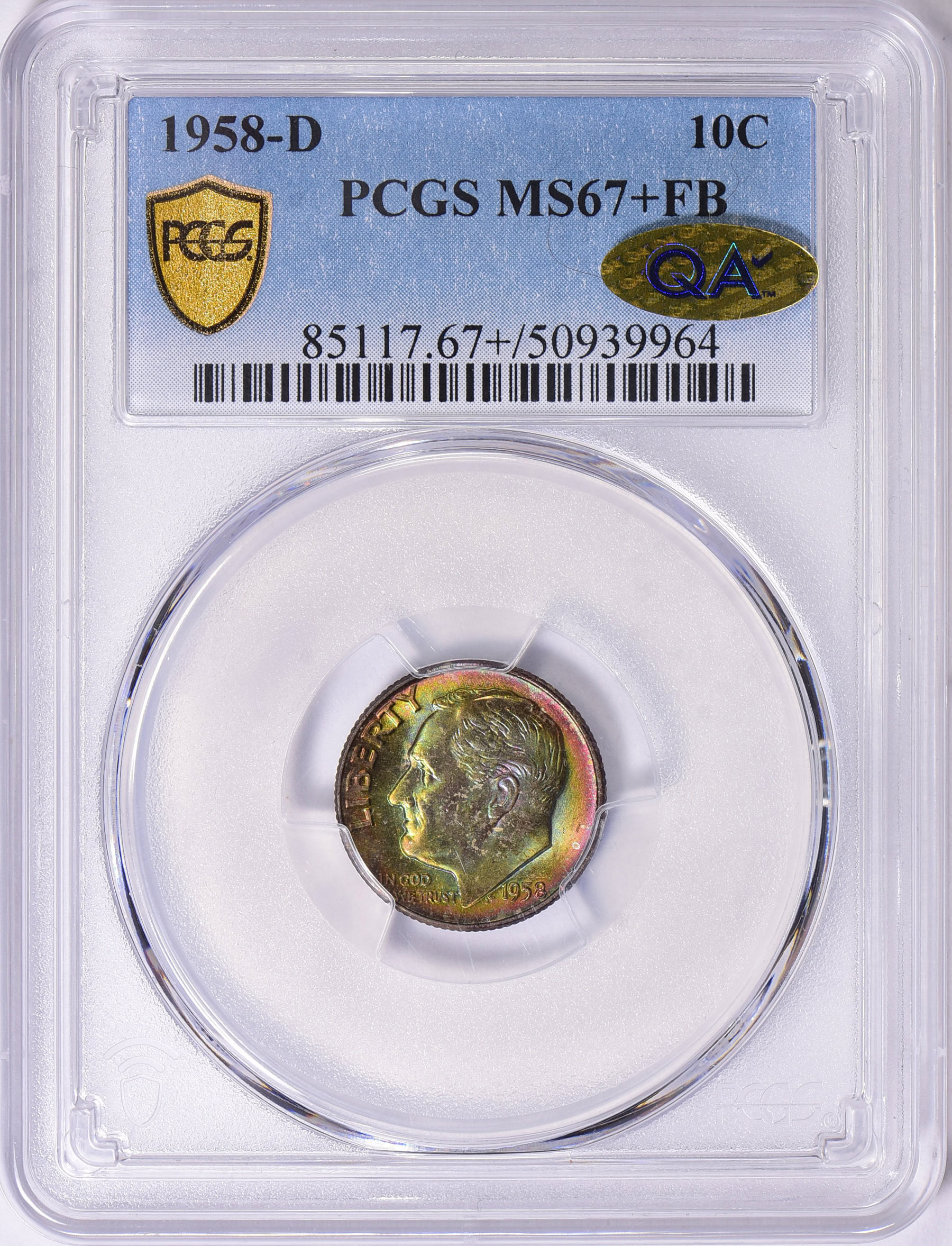1958-D Roosevelt Dime PCGS MS-67+ FB (QA Gold) (Toned) (Item 1720655 ...