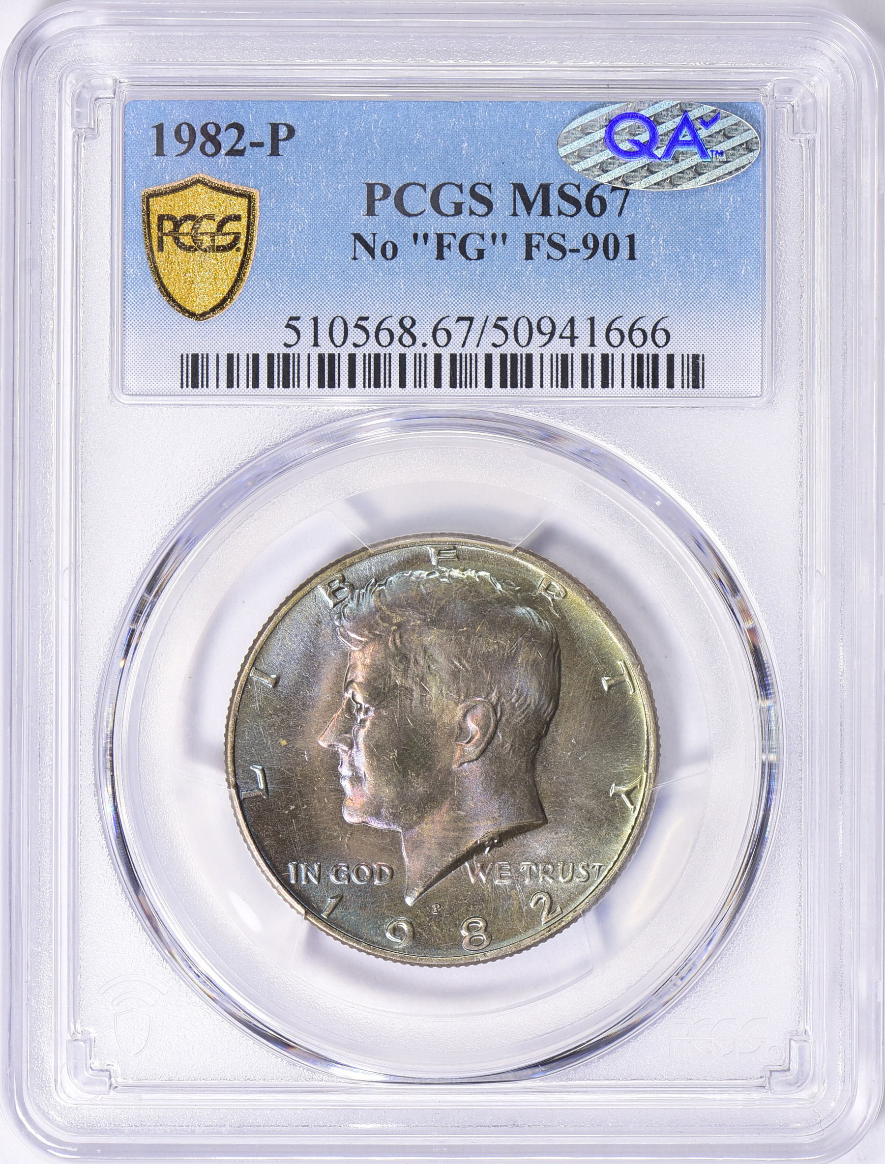 1982-P Kennedy Half Dollar No "FG" FS-901 PCGS MS-67 (QA) (Toned) (Item ...