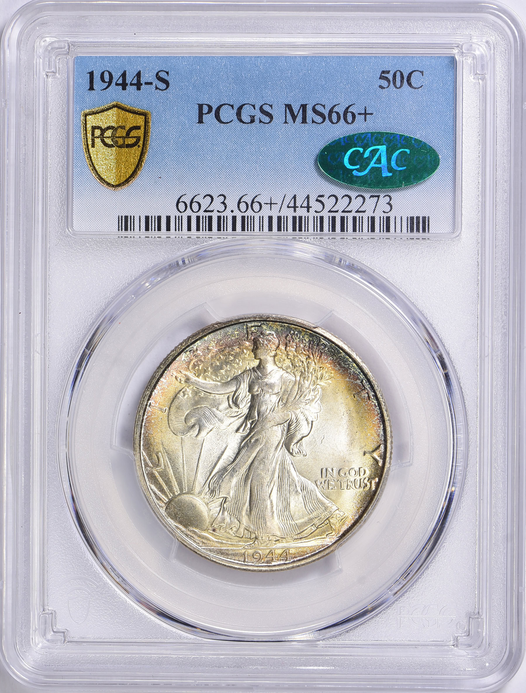 1944-S Walking Liberty Half Dollar PCGS MS-66+ (CAC Green) (Toned) (Item 1720665 ...