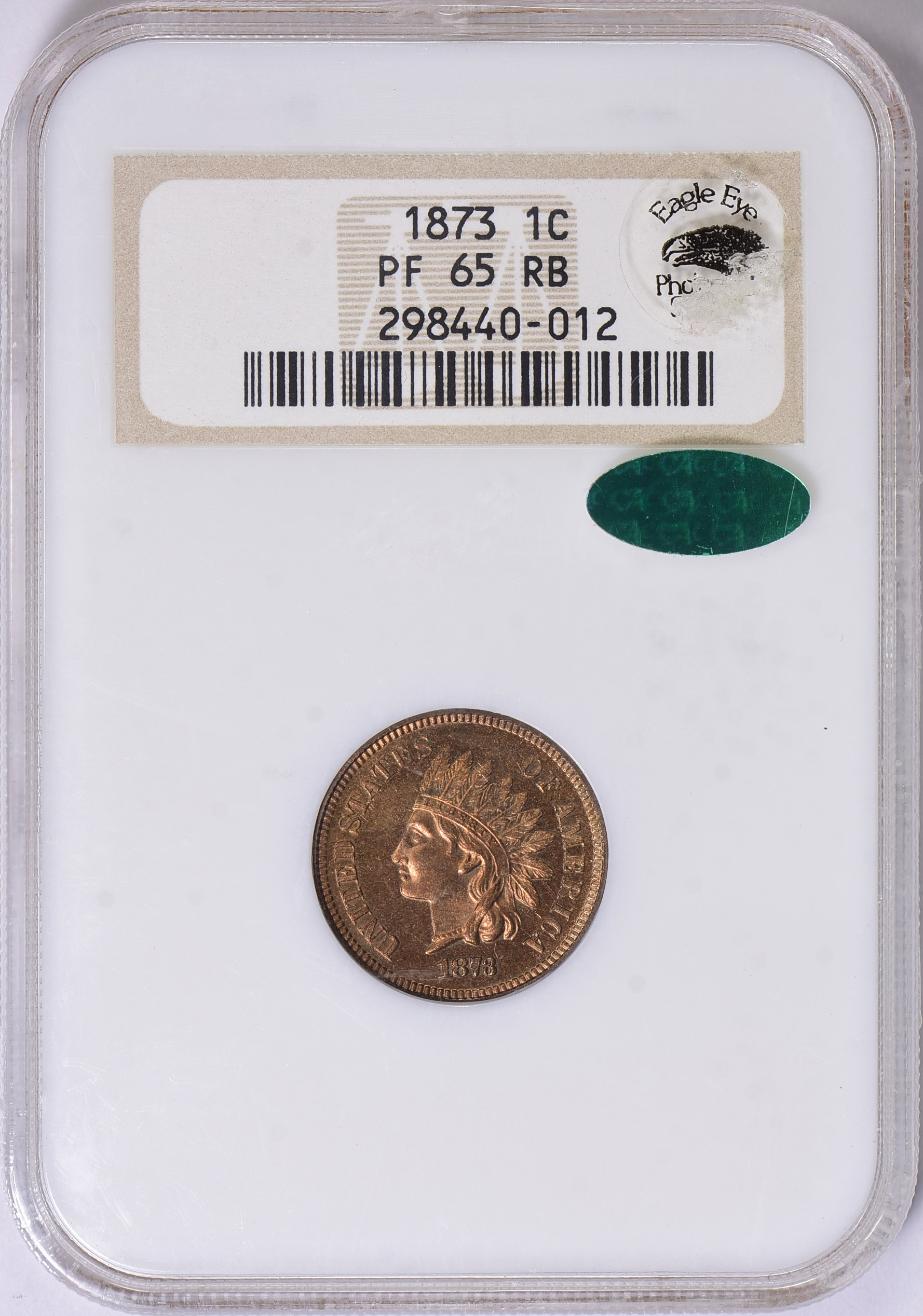 1873 Indian Cent Closed 3 NGC Proof-65 RB (CAC Green) OH (Eagle Eye Seal) (Item 1720951 ...