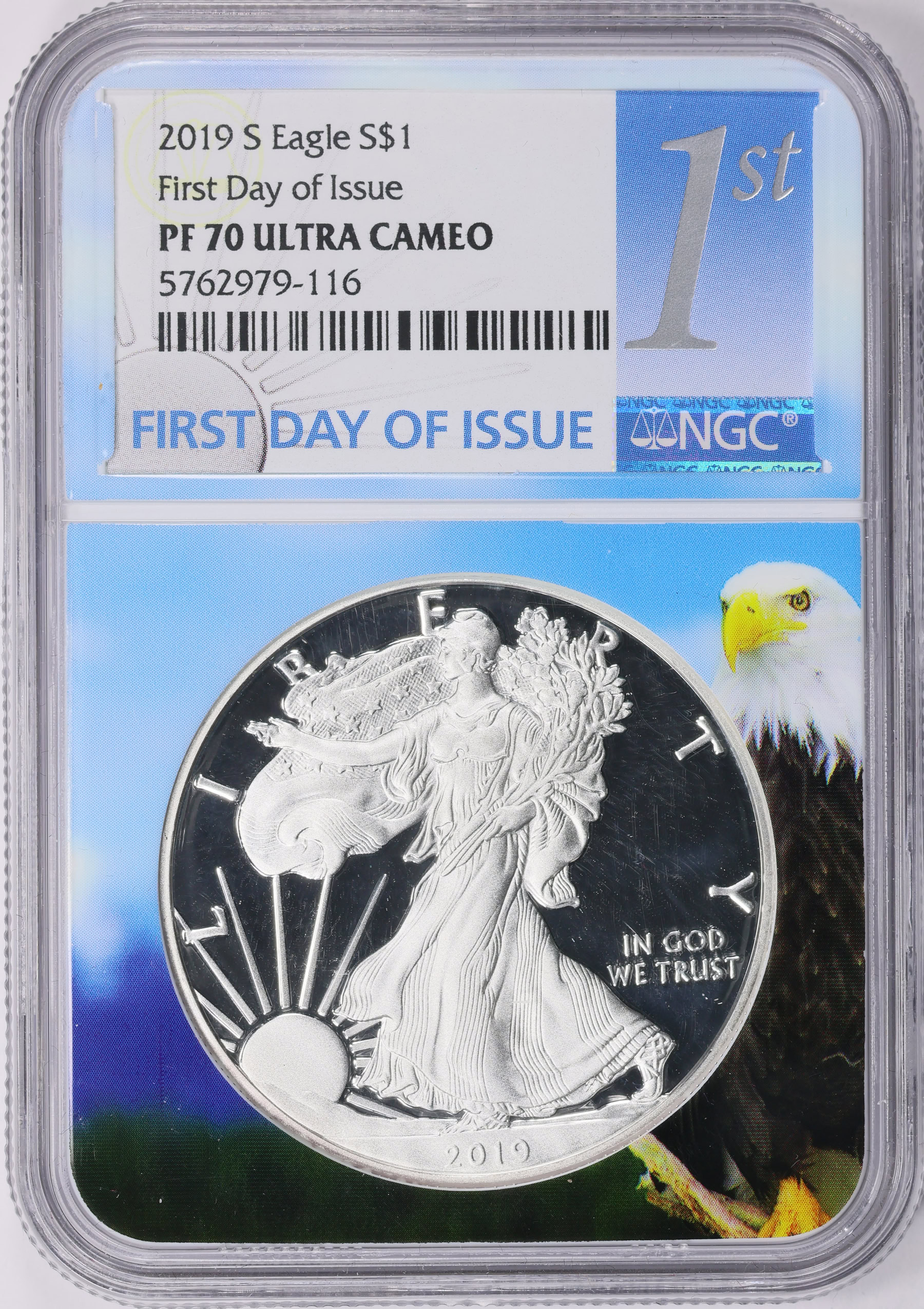 2019-S $1 Silver Eagle First Day of Issue NGC Proof-70 UC (Eagle Frame ...