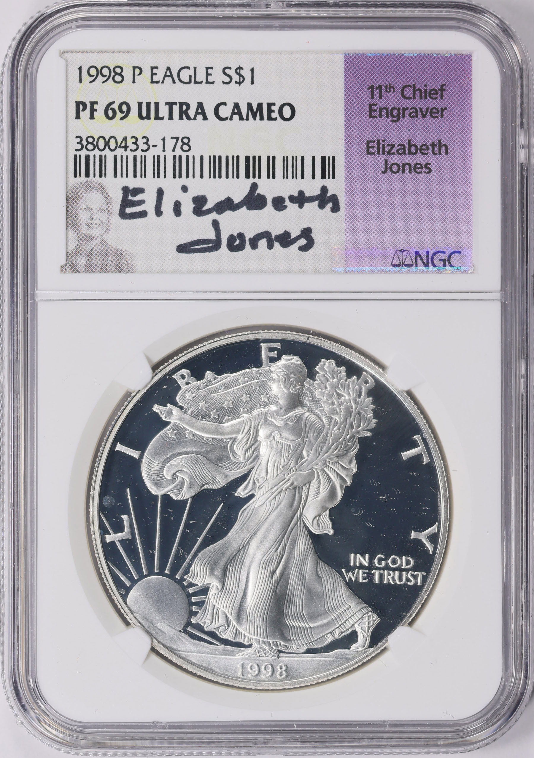 1998-P $1 Silver Eagle NGC Proof-69 UC (Elizabeth Jones Signed Label ...