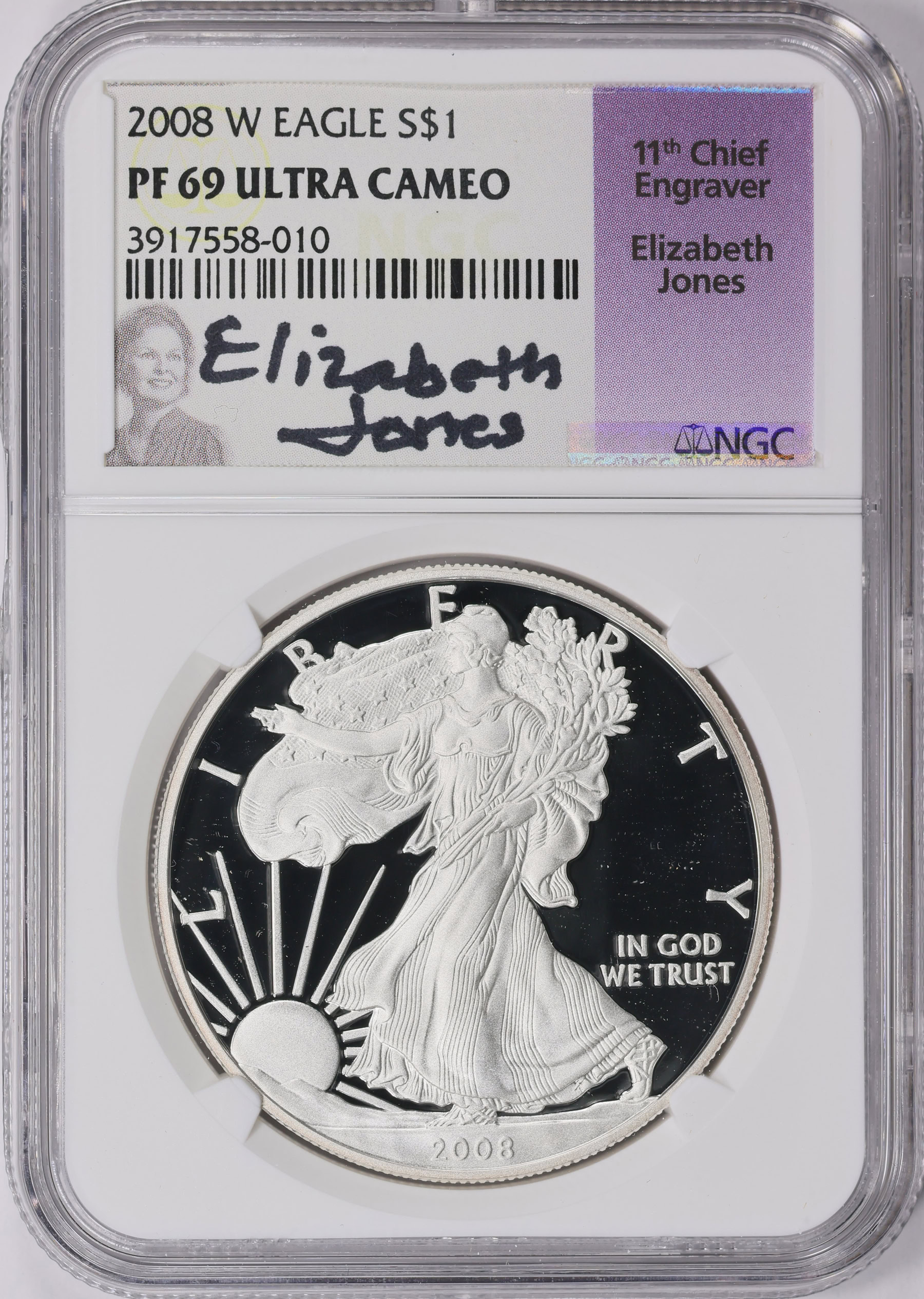 2008-W $1 Silver Eagle NGC Proof-69 UC (Elizabeth Jones Signed Label ...