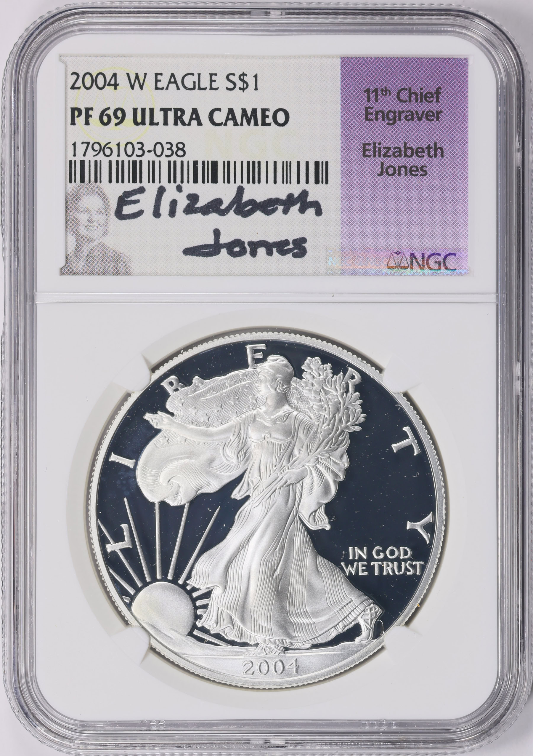 2004-W $1 Silver Eagle NGC Proof-69 UC (Elizabeth Jones Signed Label ...