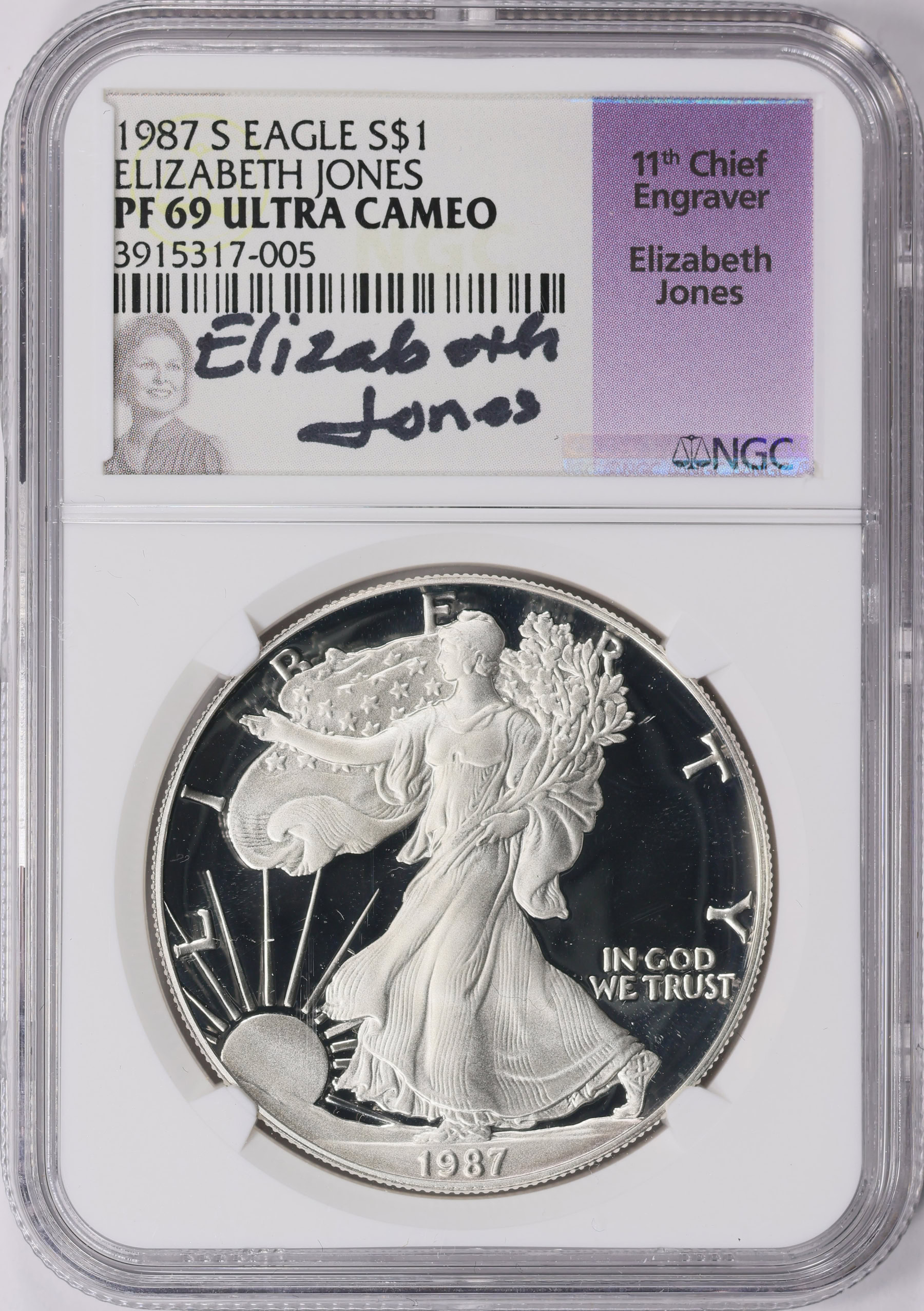 1987-S $1 Silver Eagle NGC Proof-69 UC (Elizabeth Jones Signed Label ...