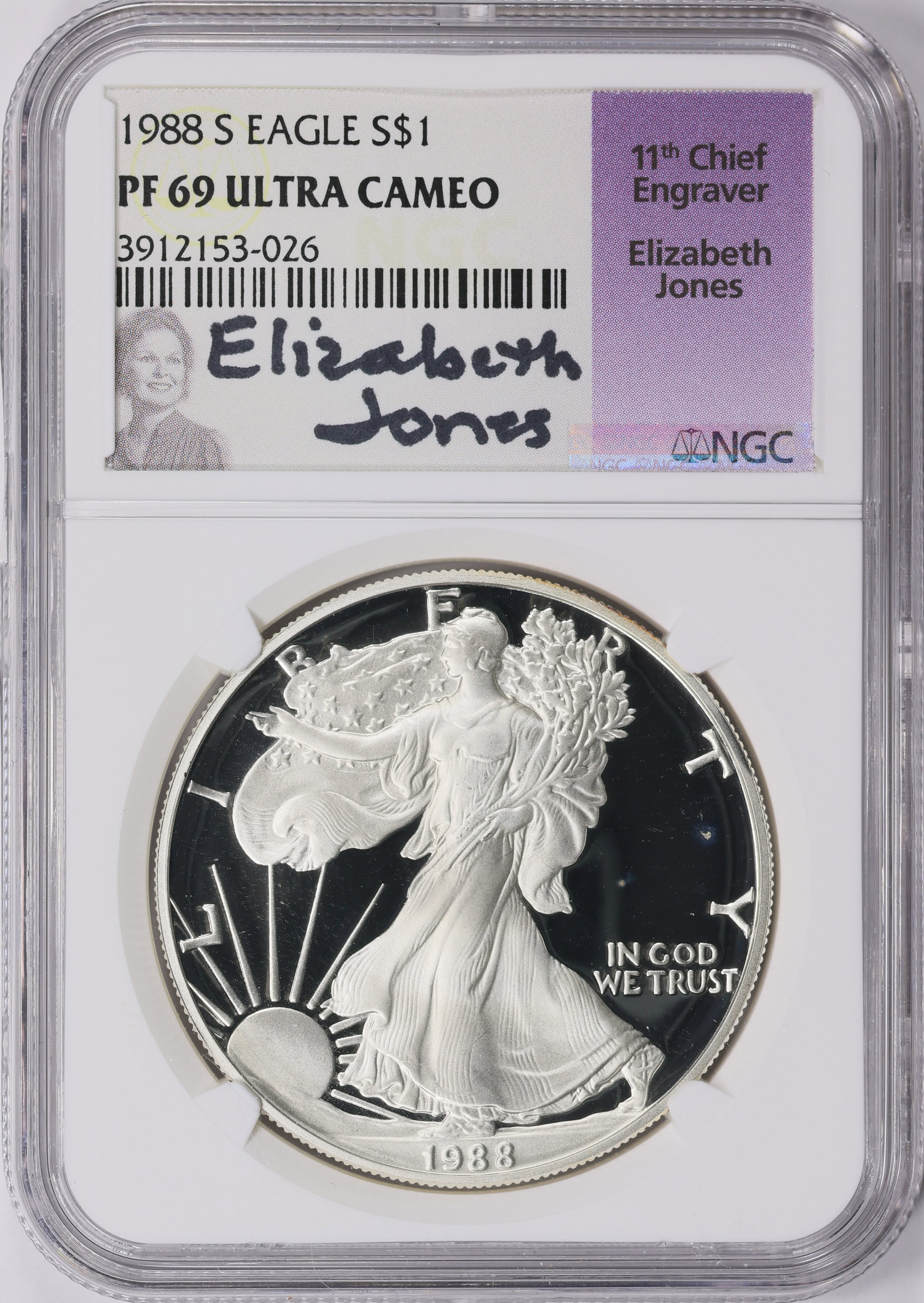1988-S $1 Silver Eagle NGC Proof-69 UC (Elizabeth Jones Signed Label ...