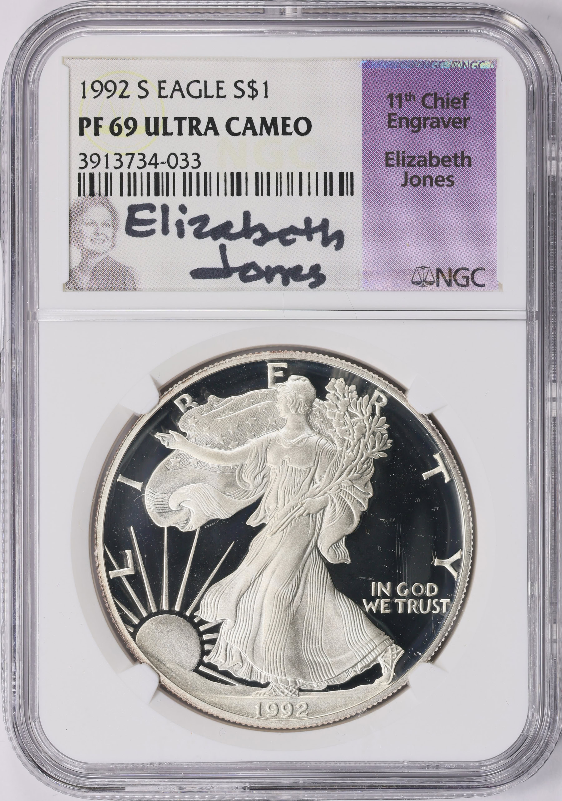 1992-S $1 Silver Eagle NGC Proof-69 UC (Elizabeth Jones Signed Label ...