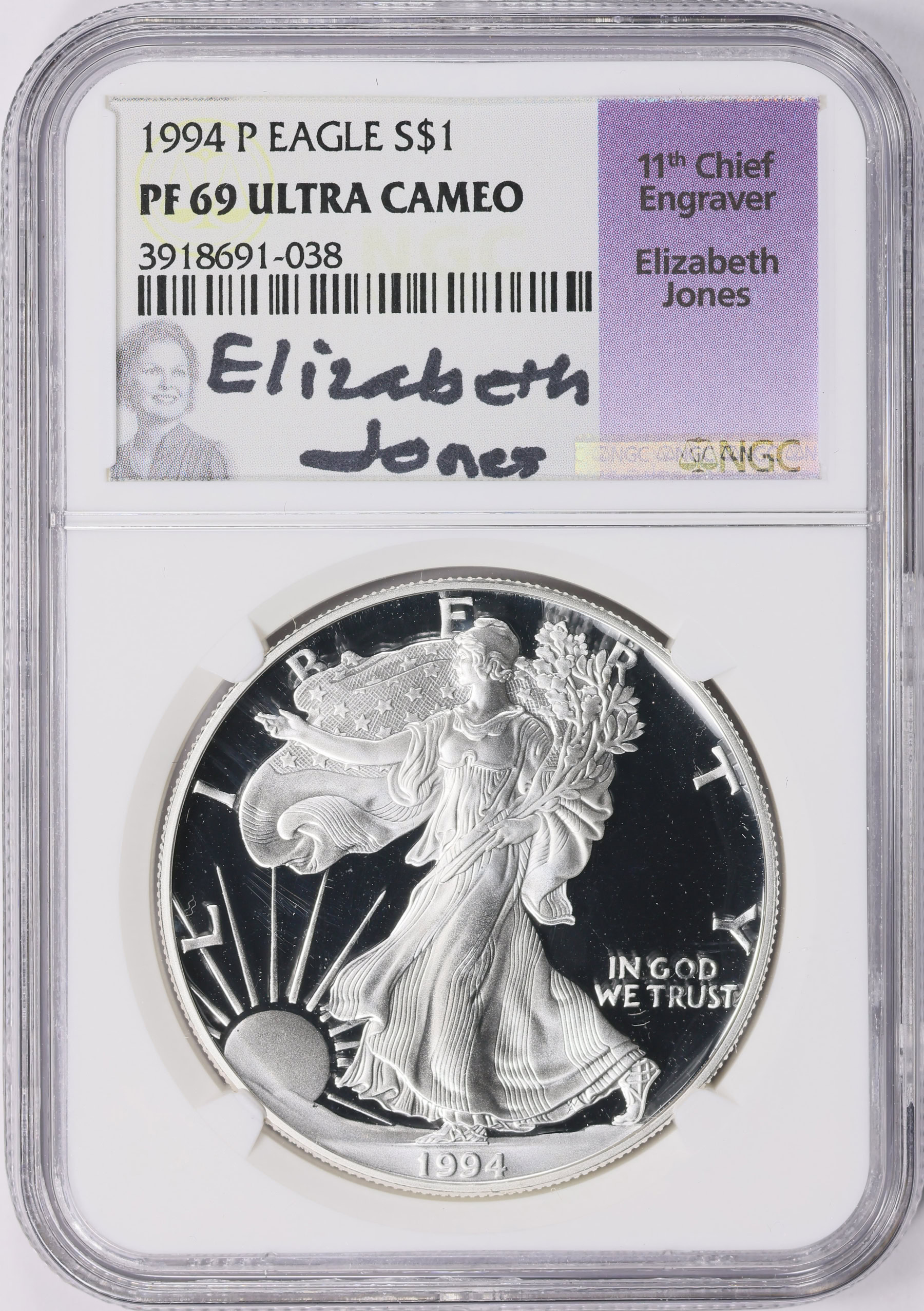 1994-P $1 Silver Eagle NGC Proof-69 UC (Elizabeth Jones Signed Label ...