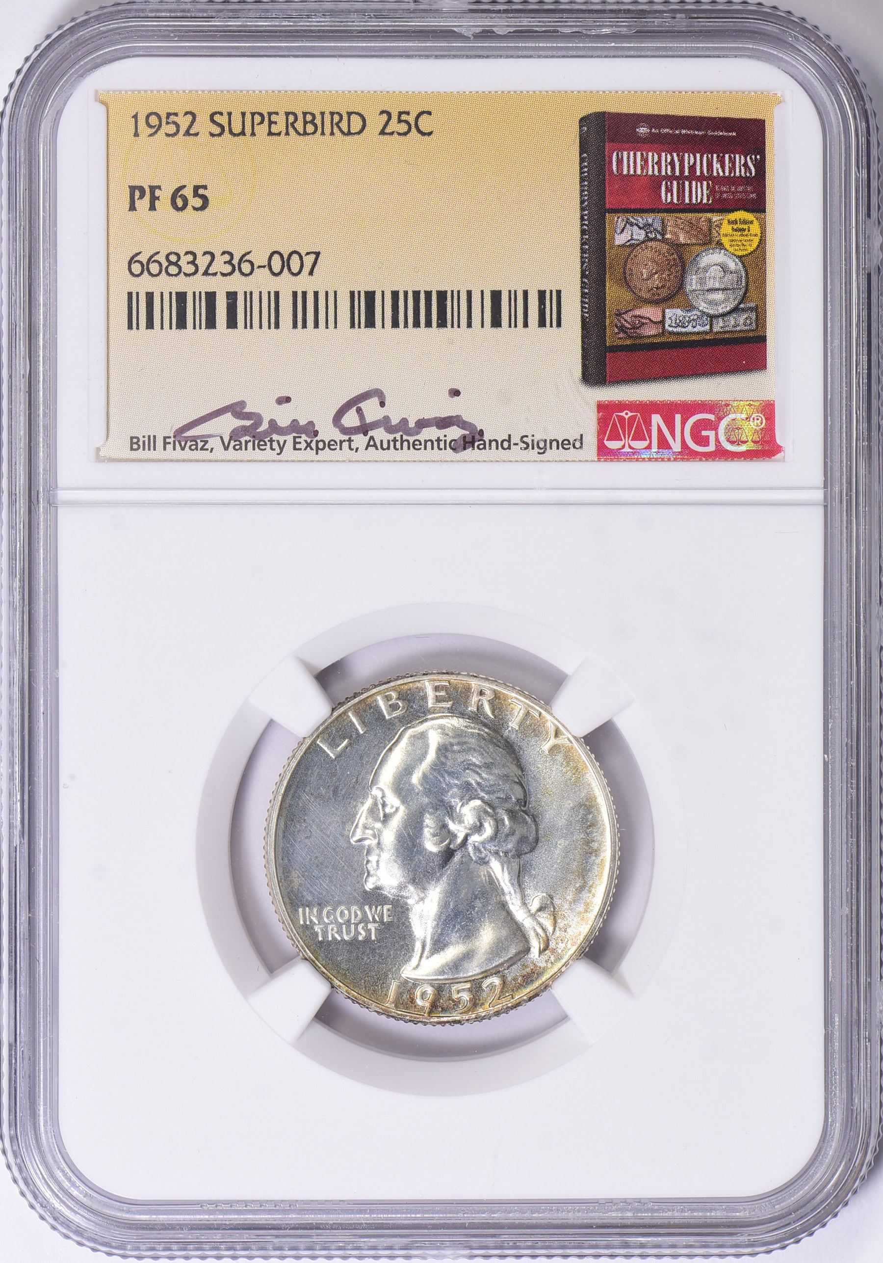 1952 Washington Quarter Superbird NGC Proof-65 (Bill Fivaz Signed Label ...