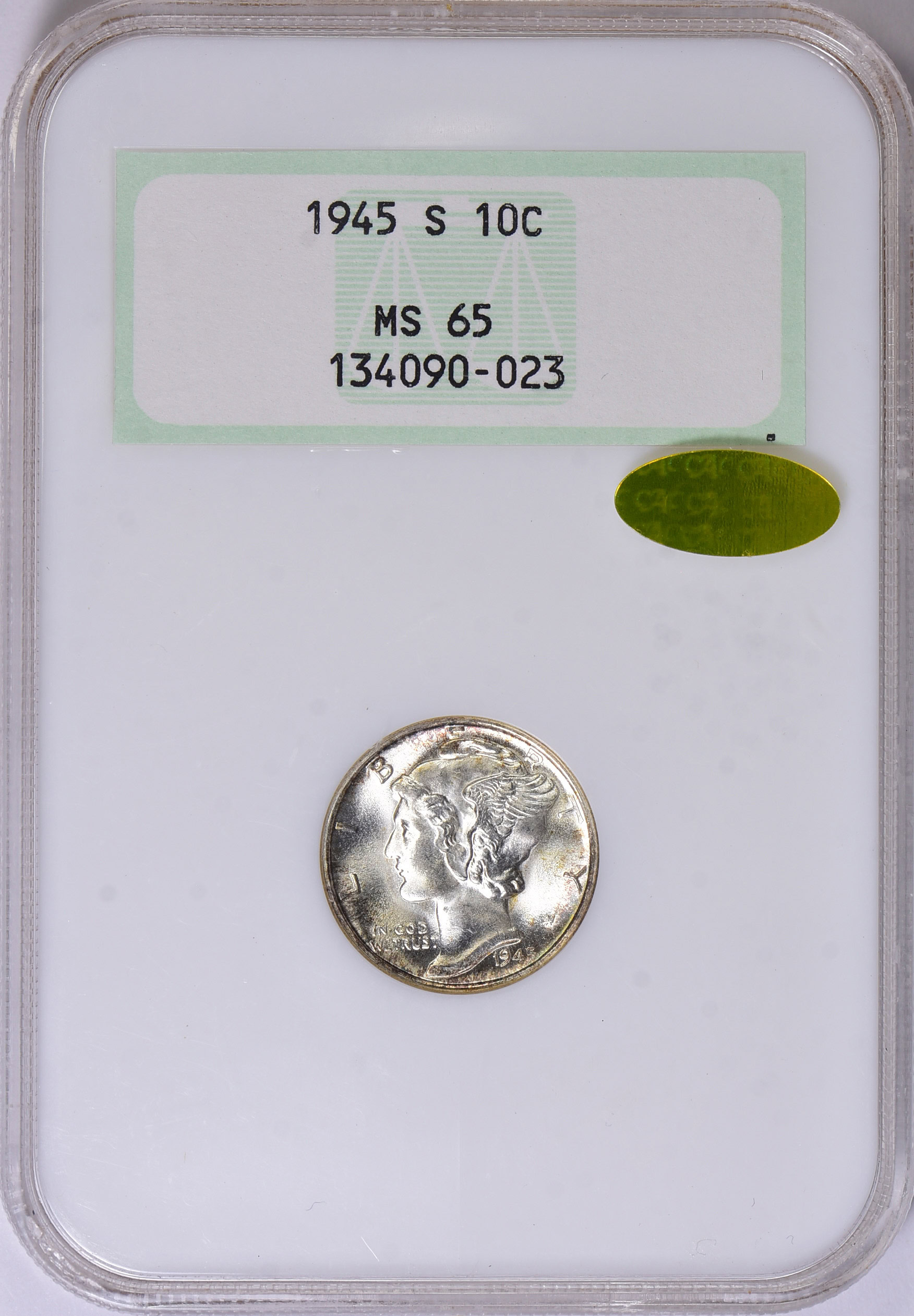 1945-S Mercury Dime NGC MS-65 (CAC Gold) (Toned) OH (Item 1721160) | GreatCollections Coin Auctions