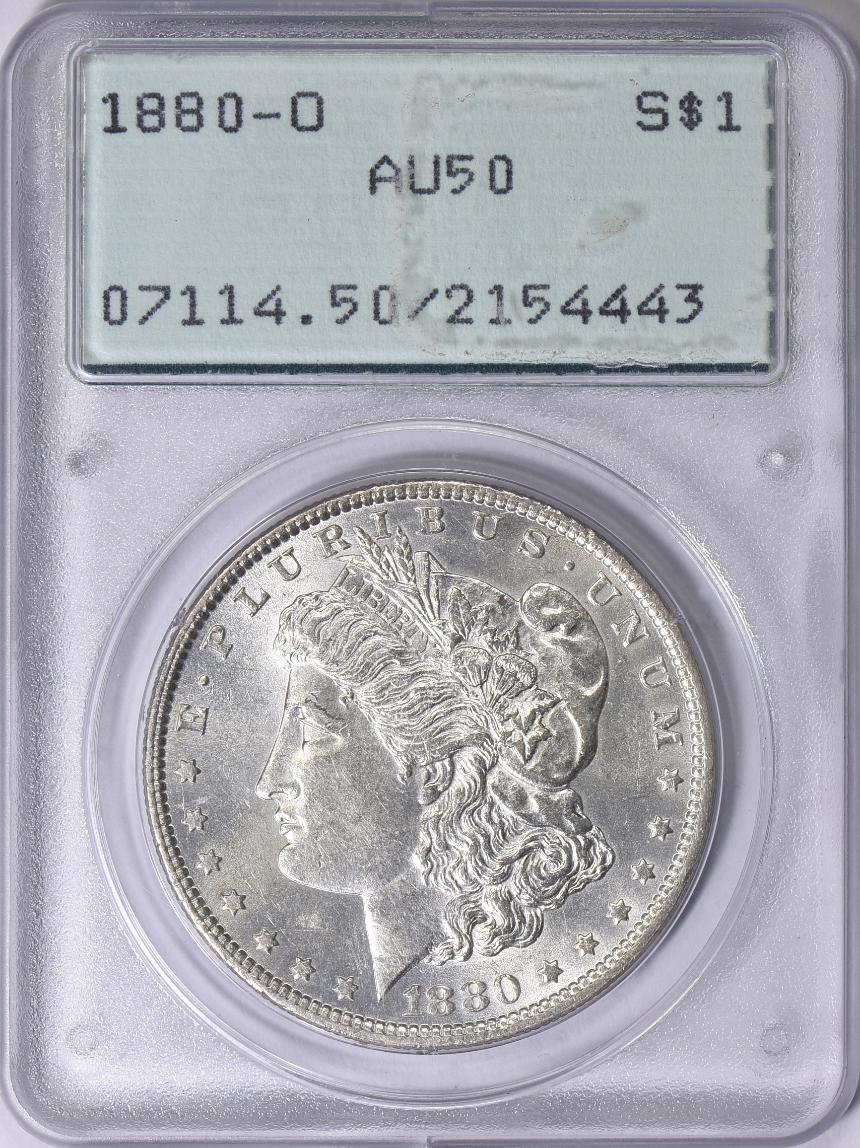 1880-O Morgan Silver Dollar PCGS AU-50 OGH (1st Gen) (Item 1721168) | GreatCollections Coin Auctions