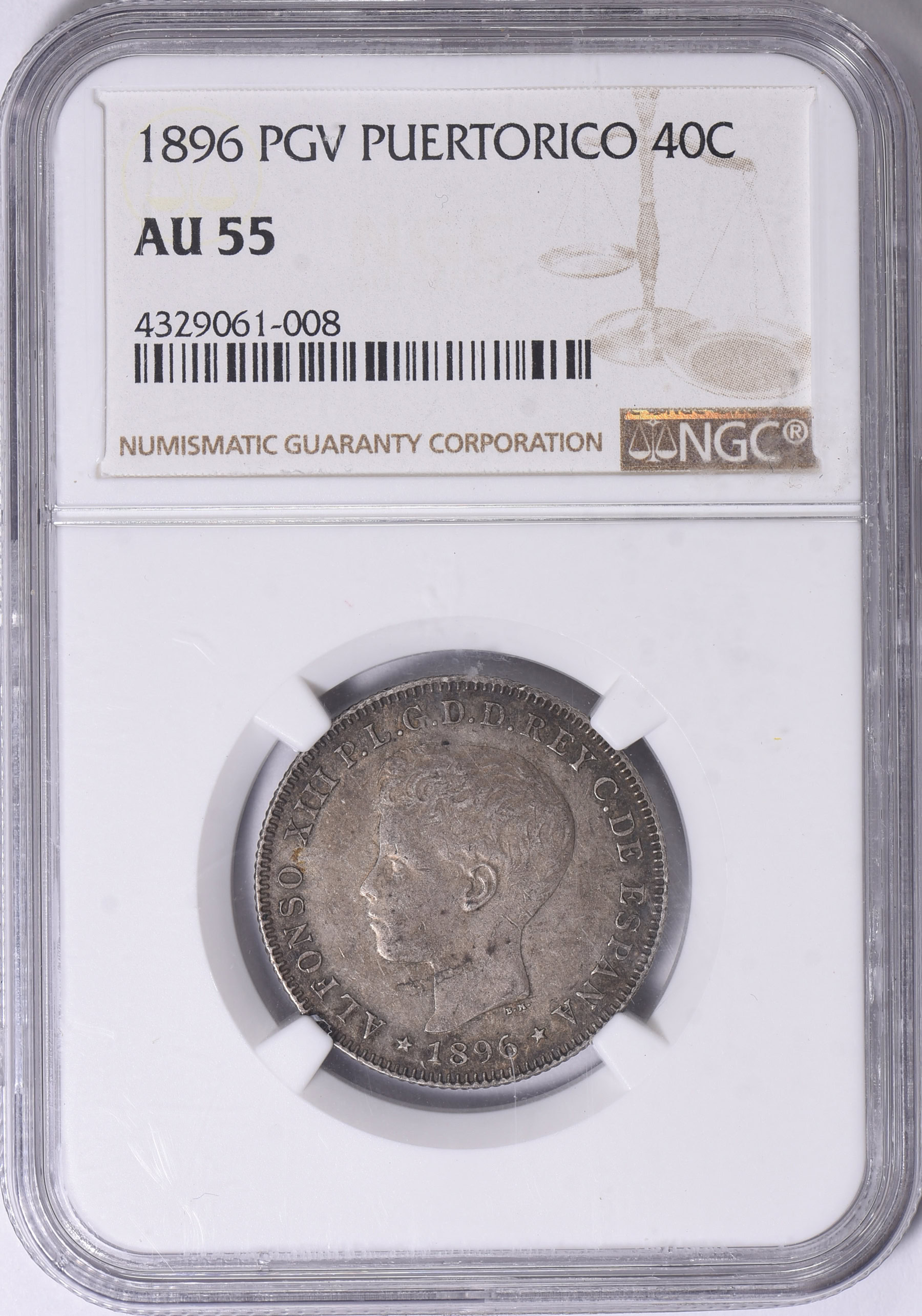 1896-PG V Puerto Rico Silver 40 Centavos Alfonso XIII KM-23 NGC AU-55 ...