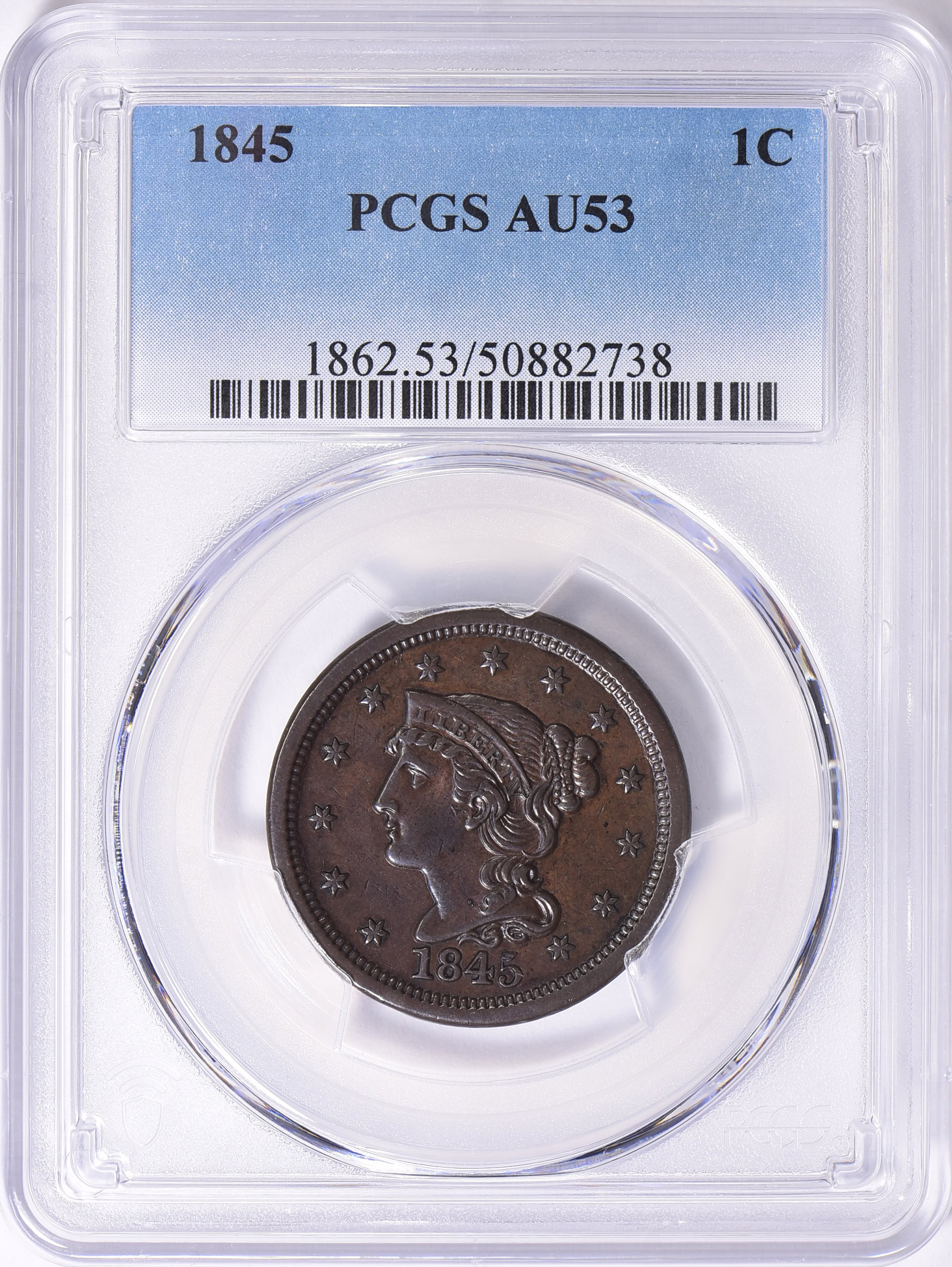 1845 Braided Hair Cent PCGS AU-53 BN (Item 1721223) | GreatCollections Coin Auctions