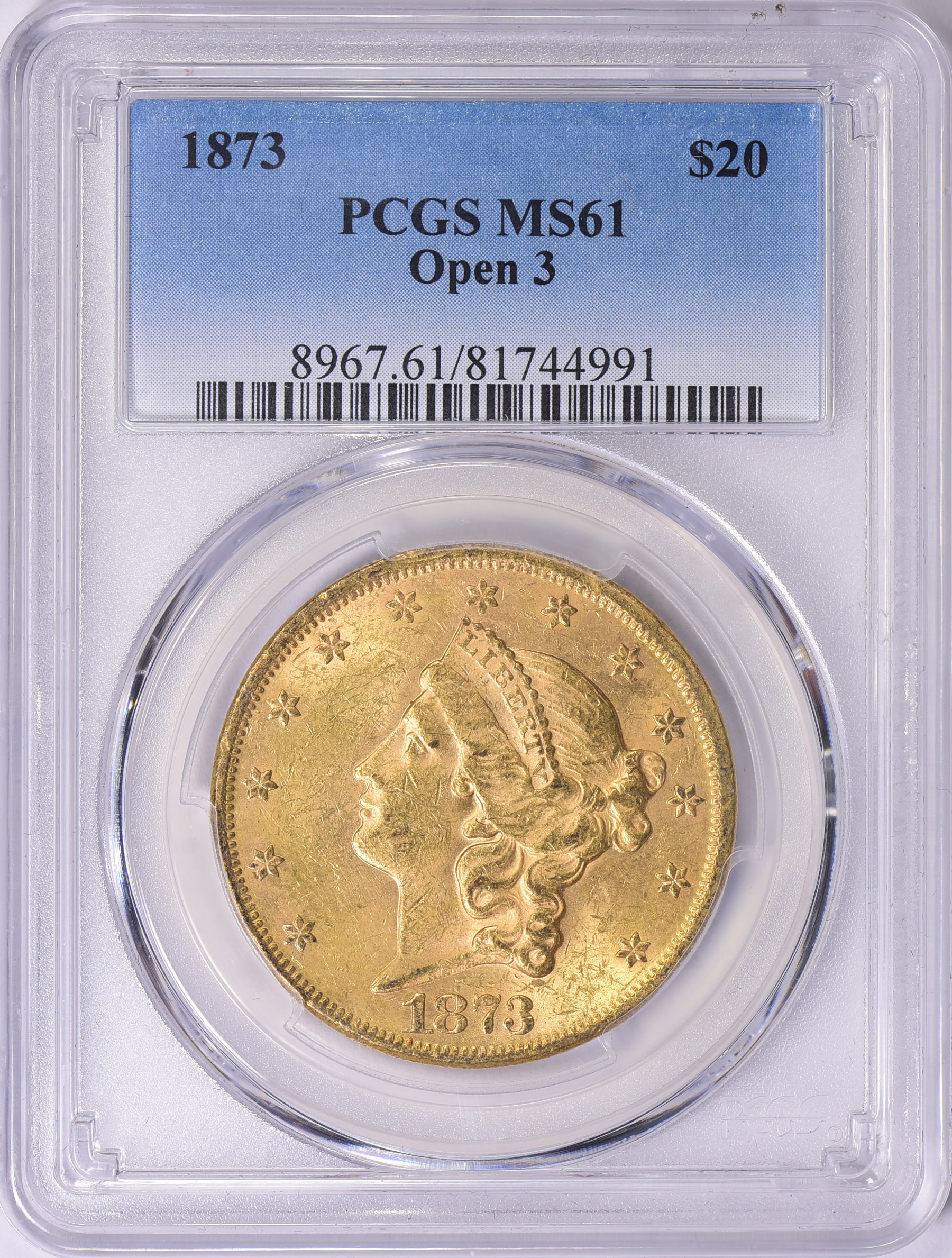 1873 Liberty Gold Double Eagle Open 3 PCGS MS-61 (Item 1721228) | GreatCollections Coin Auctions
